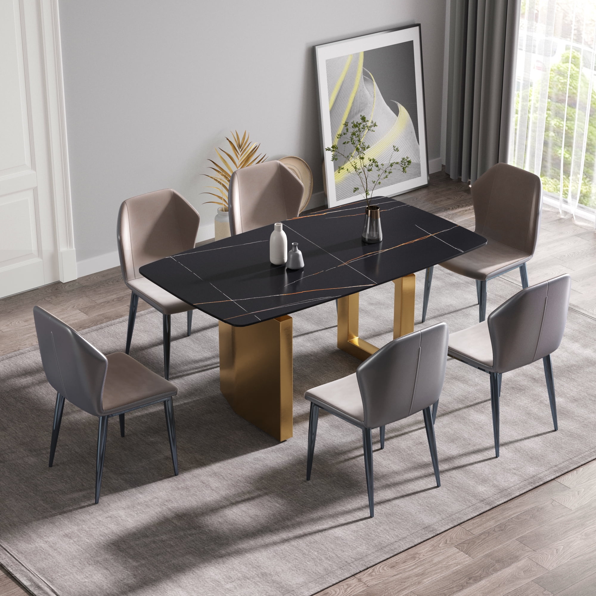 Modern Black Stone Dining Table with Curved Golden Metal Legs - Seats 6 ...