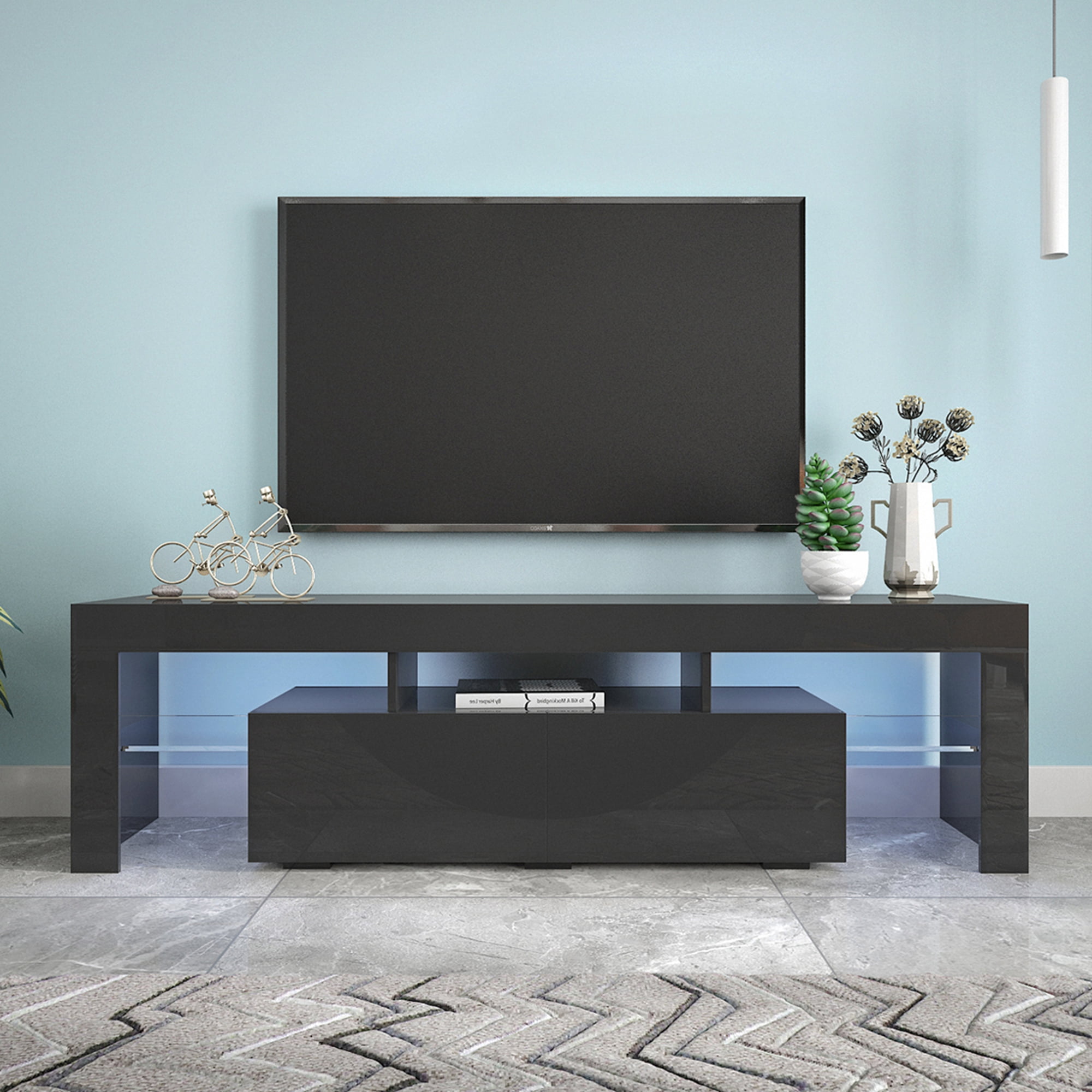 Modern Black TV Stand, 20 Colors LED TV Stand w/Remote Control Lights ...
