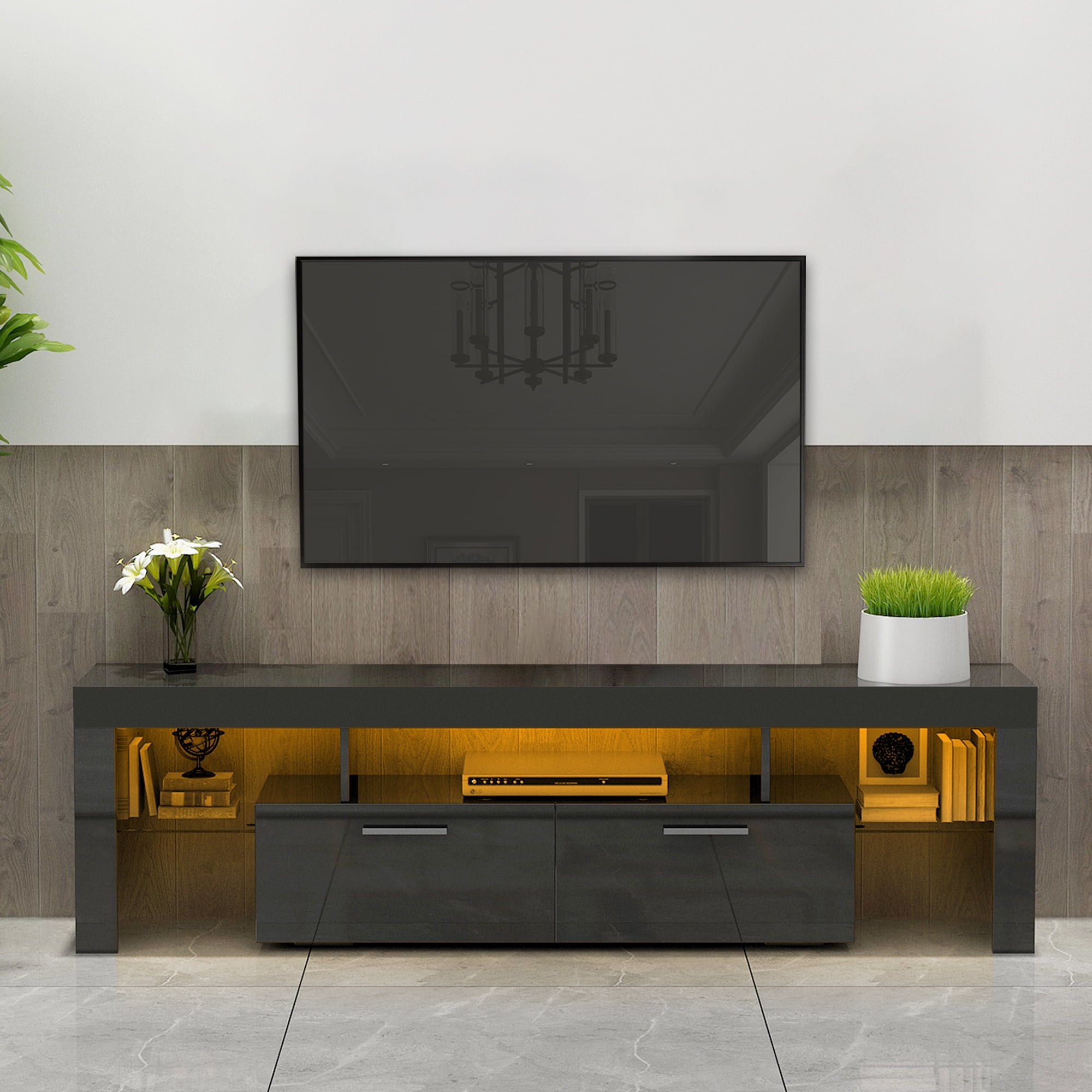 Modern Black TV Stand with LED Lights, High Glossy Front Cabinet ...