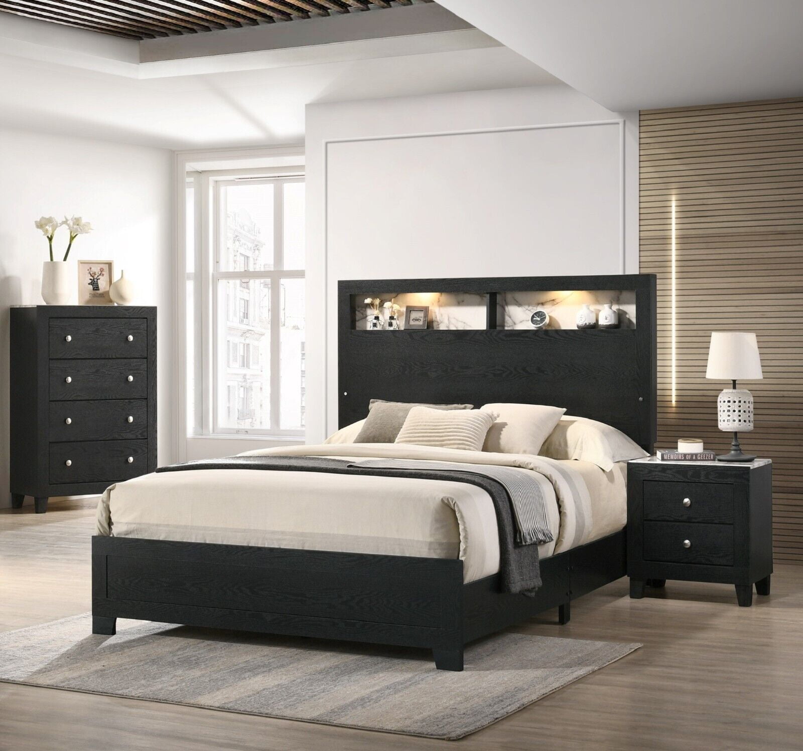 Modern Black & White Marble 3pc King Panel LED Headboard Bed Chest ...