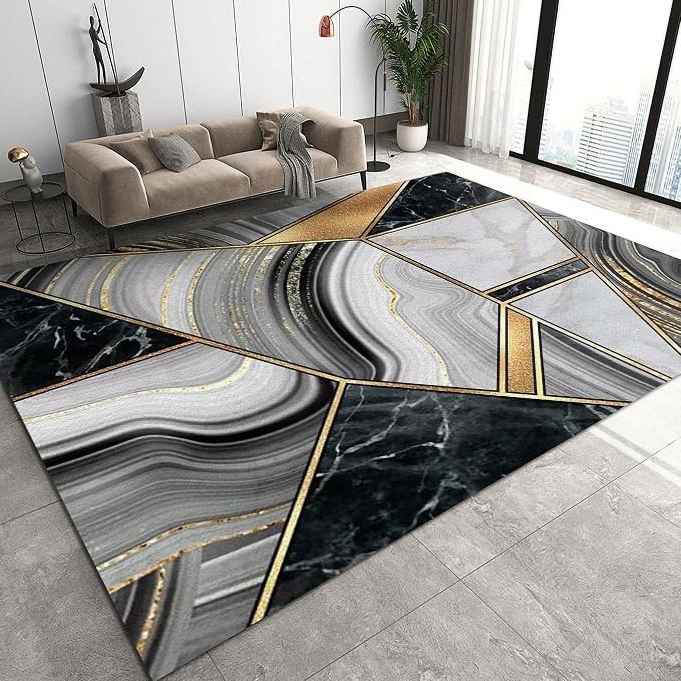 Modern Black And White Marble Texture Area Rug, Abstract Irregular Line ...