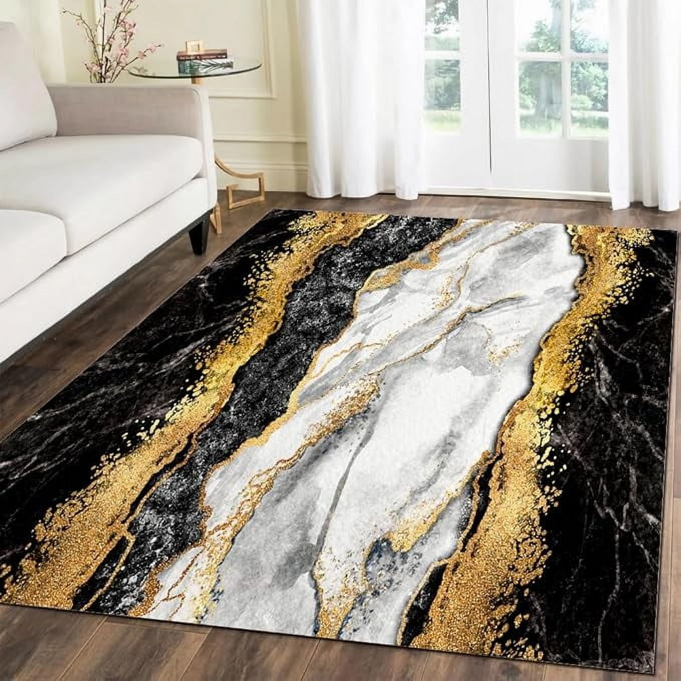 Modern Black And White Marble Texture Area Rug, Gold Foil Textured ...