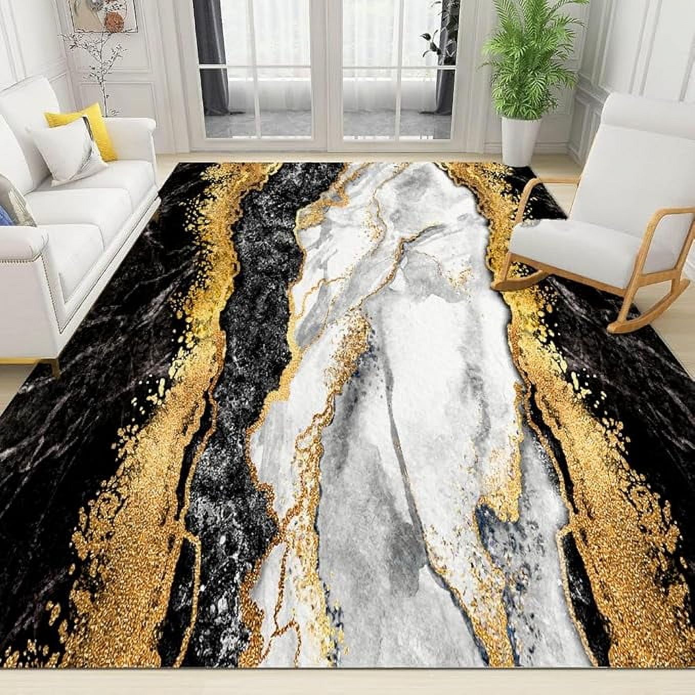 Modern Black And White Marble Texture Area Rug, Gold Foil Textured ...