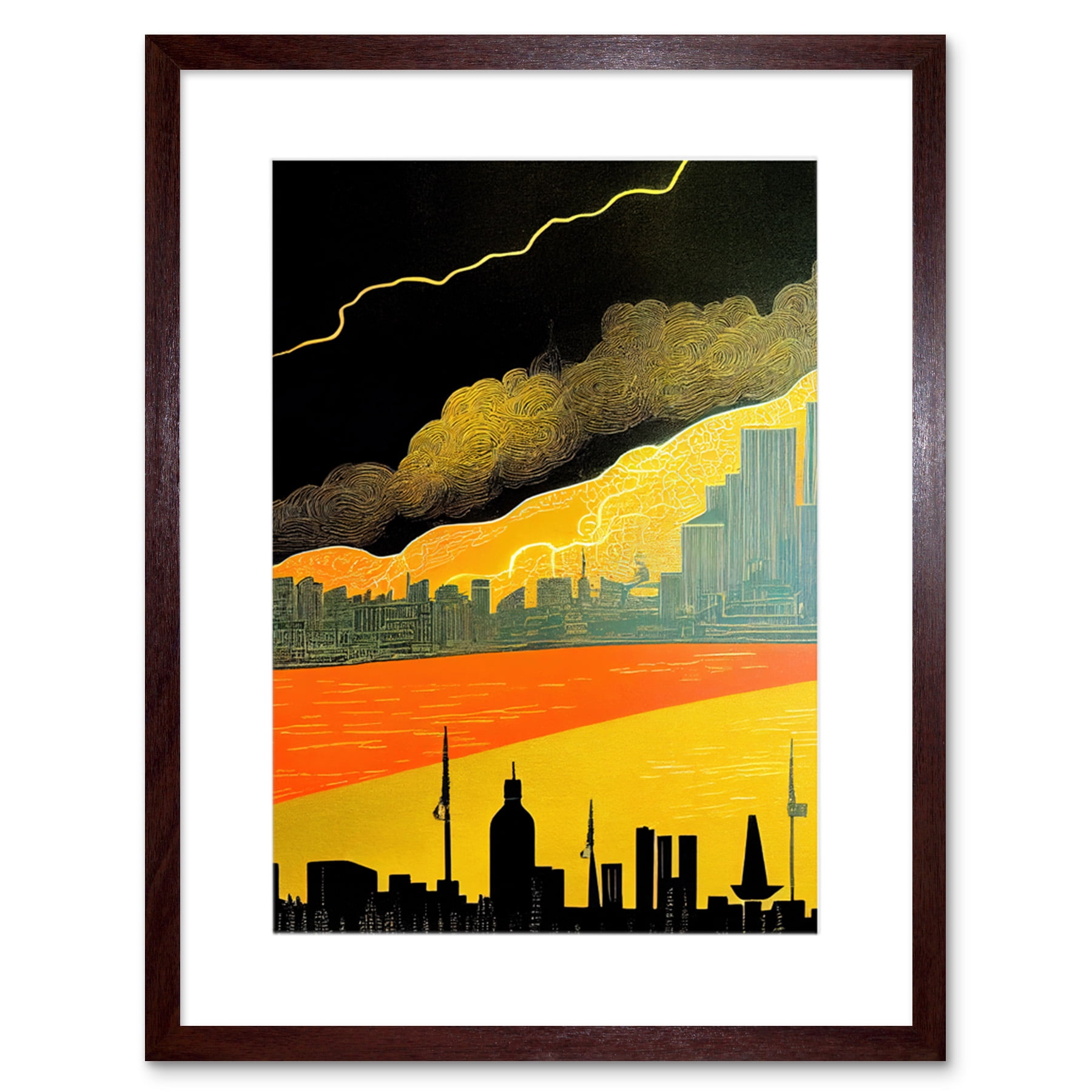 Modern Black Yellow Orange Linocut London Skyline Cityscape Storm ...