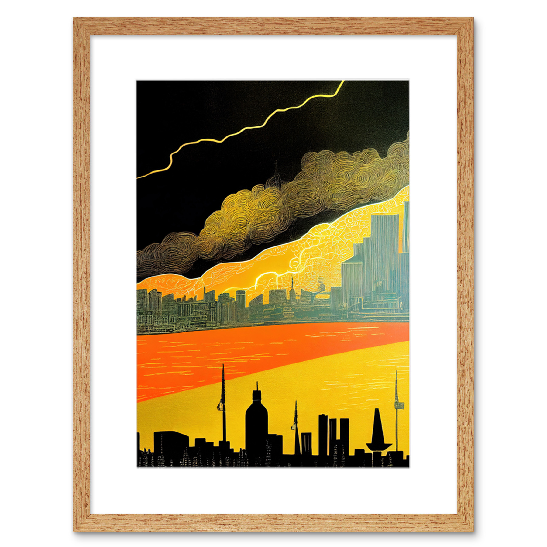 Modern Black Yellow Orange Linocut London Skyline Cityscape Storm ...