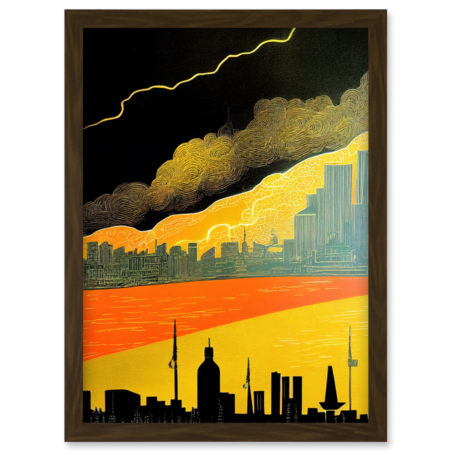 Modern Black Yellow Orange Linocut London Skyline Cityscape Storm ...