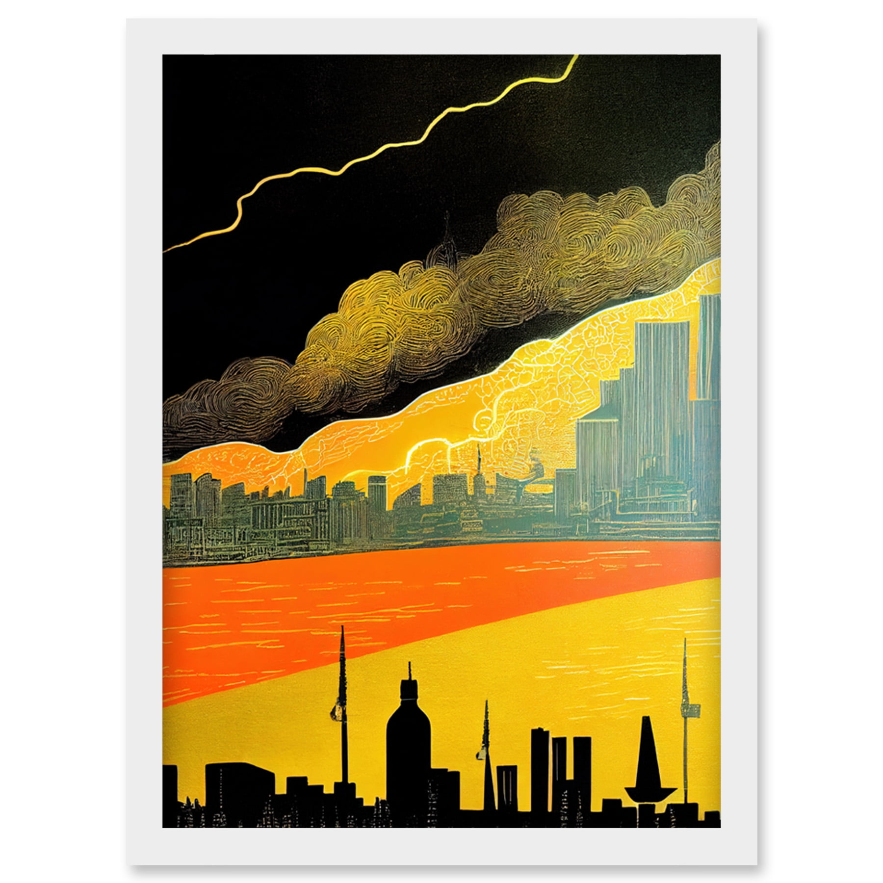 Modern Black Yellow Orange Linocut London Skyline Cityscape Storm ...