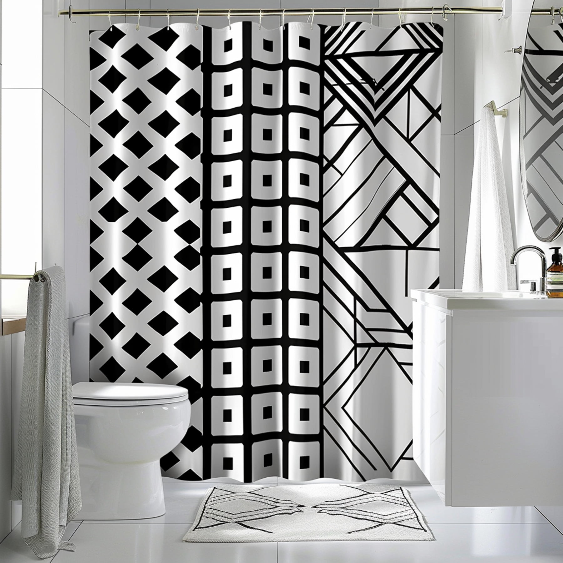 Modern Black And White Geometric Shower Curtain Highend Style Bathroom