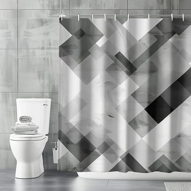 Modern Black And White Geometric Shower Curtain For Bathroom With Grey