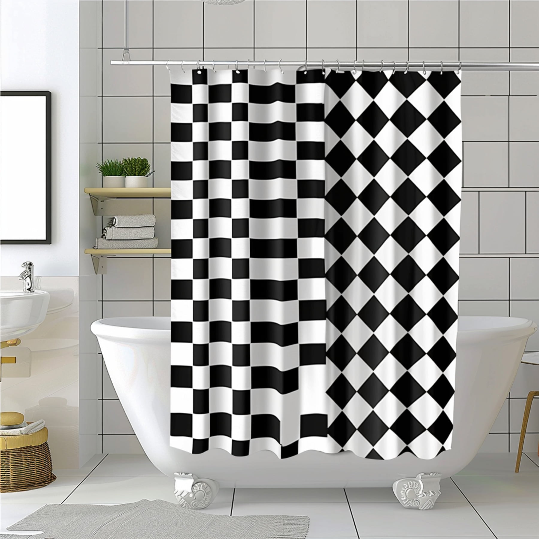 Modern Black And White Geometric Shower Curtain With Chequered Design