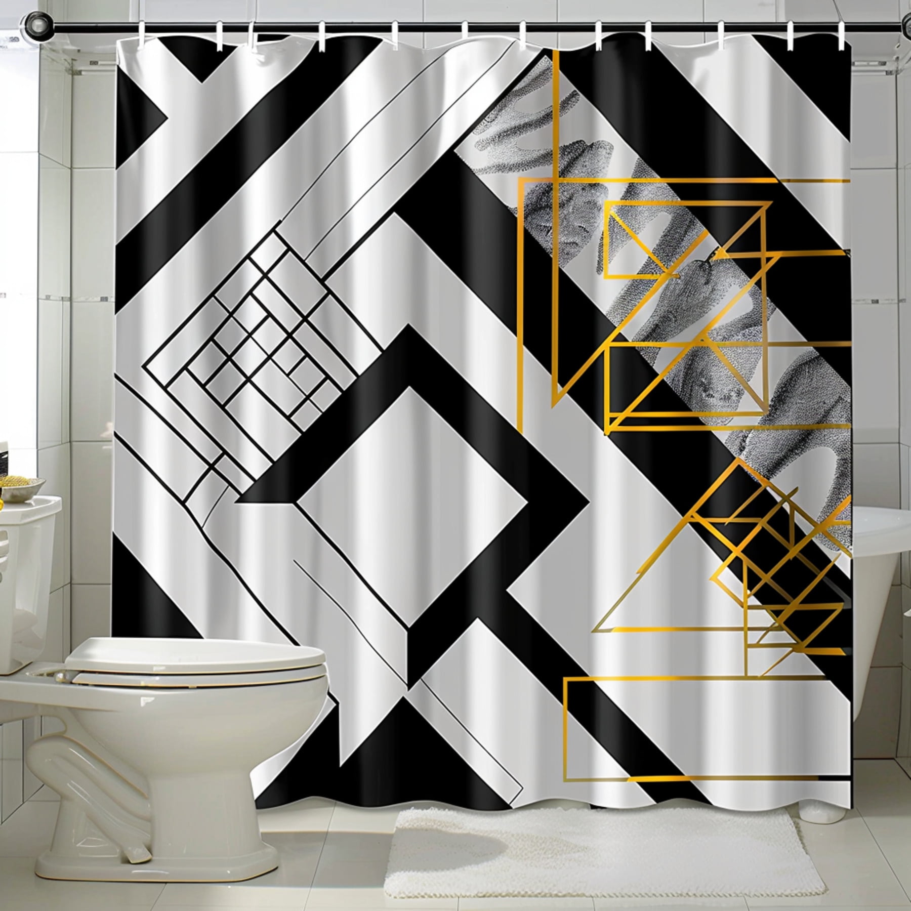 Modern Black And White Geometric Shower Curtain With Gold Accents