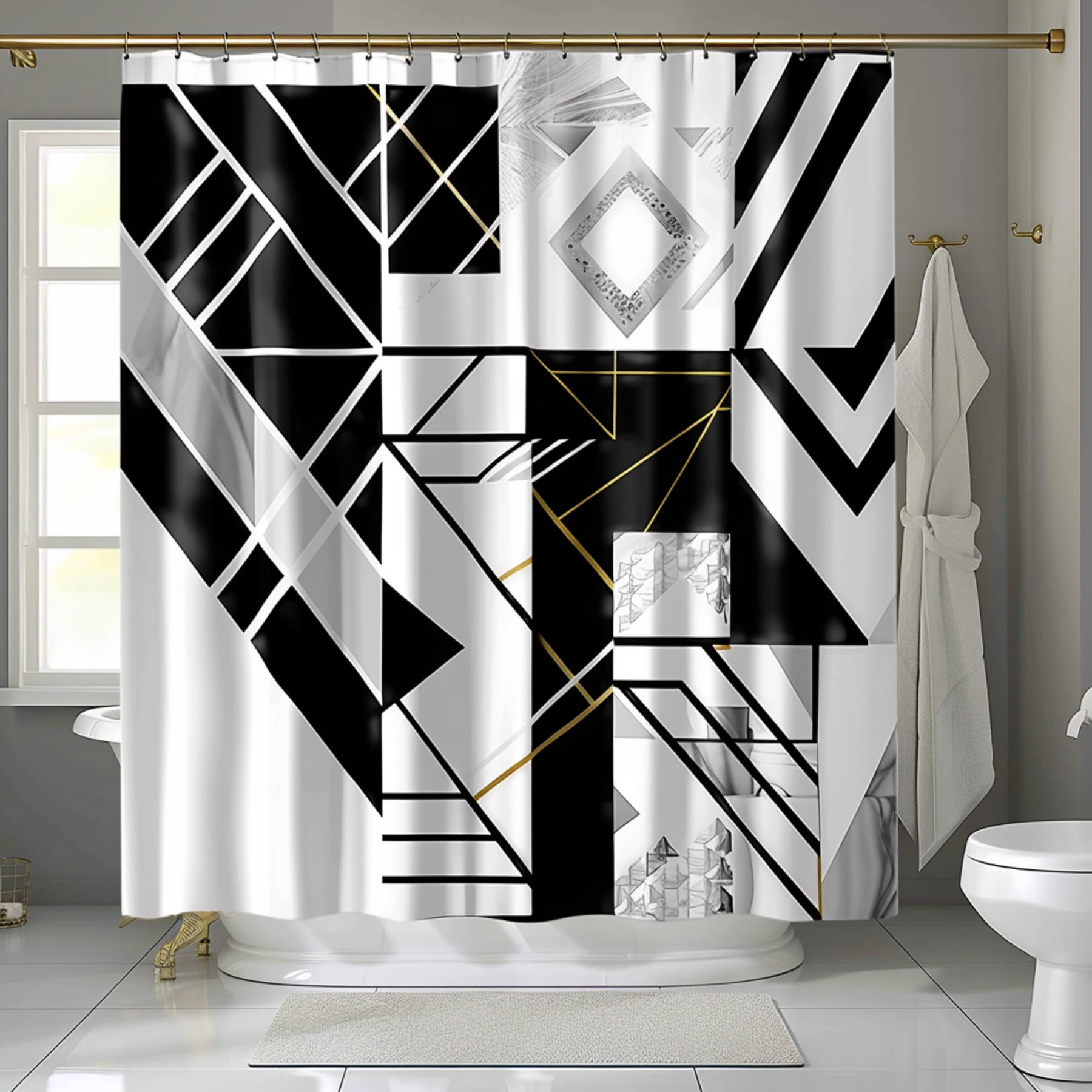 Modern Black And White Geometric Shower Curtain With Gold Emblem