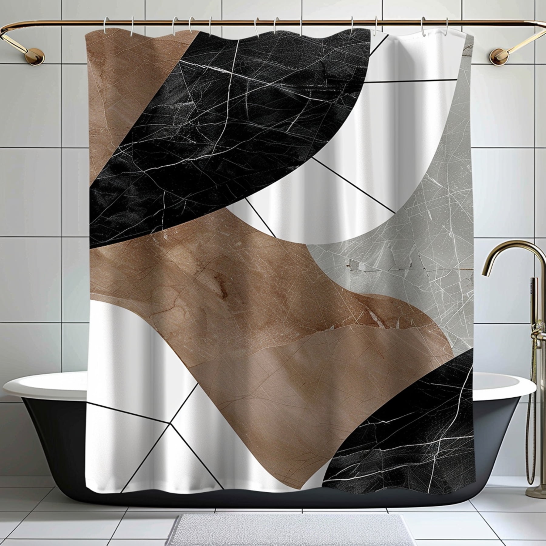 Modern Black And White Geometric Shower Curtain With Marble Texture And