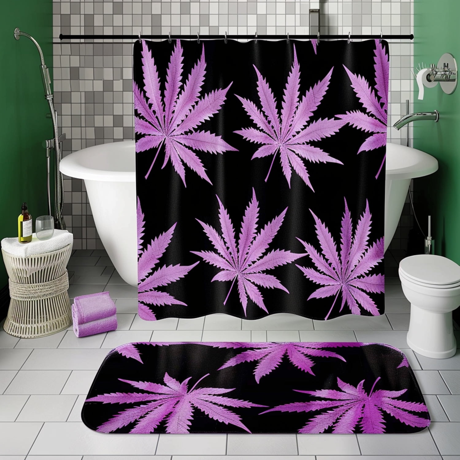 Modern Black and White Marijuana Leaves Pattern Bathroom Set High ...