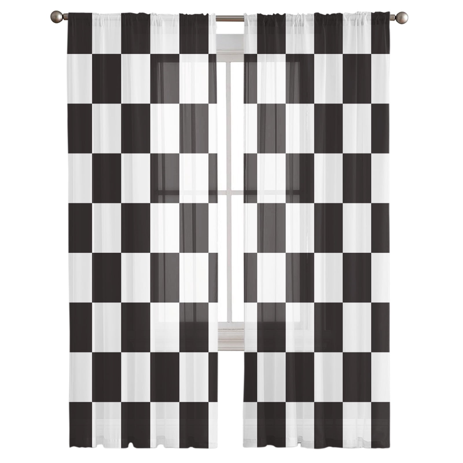 Modern Black and White Mosaic Square Grid Tulle Curtains for Living ...