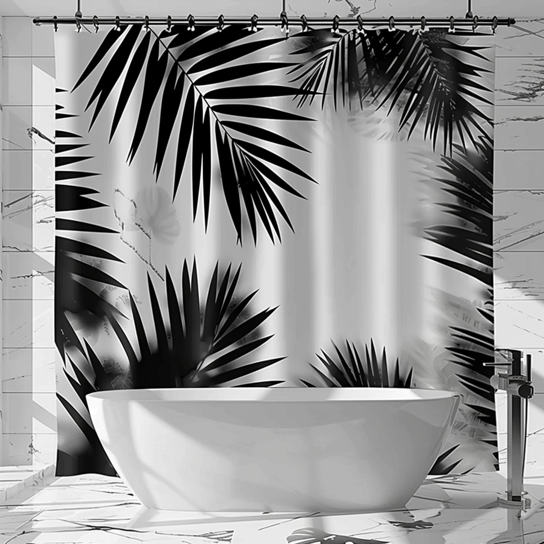 Modern Black And White Palm Leaf Print Shower Curtain For Stylish
