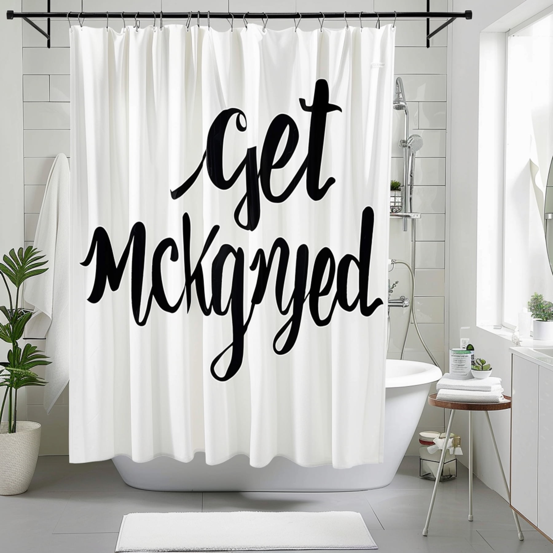 Modern Black and White Shower Curtain with 'Get McKanyed' Cursive ...