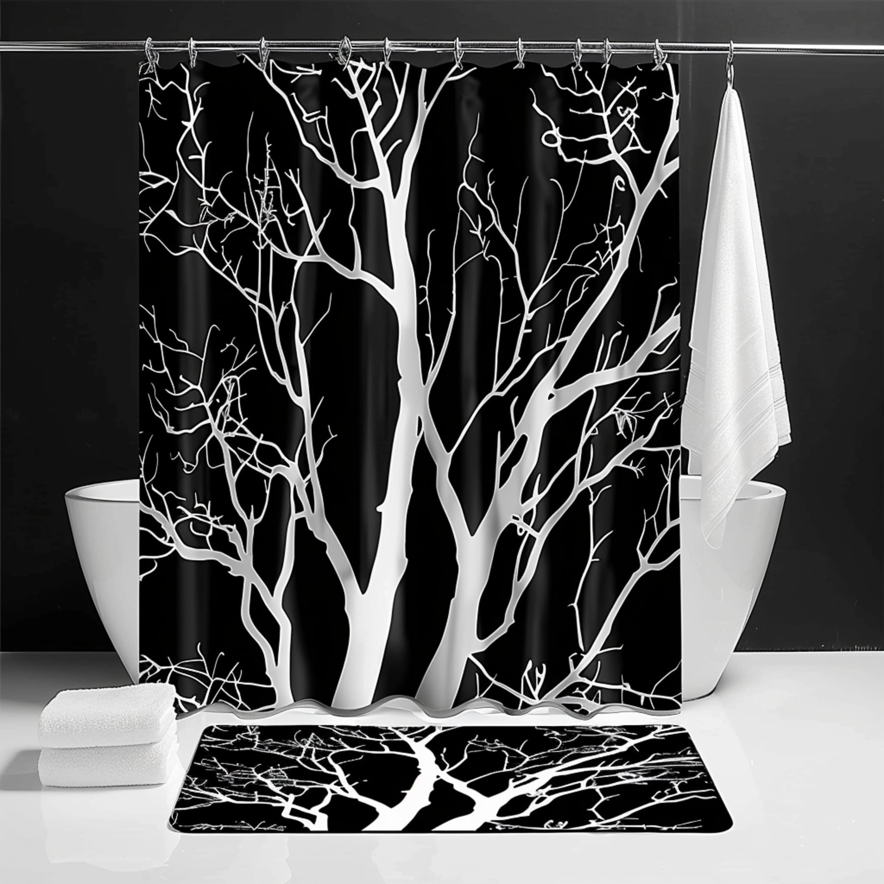 Modern Black And White Tree Branch Silhouette Shower Curtain Set With