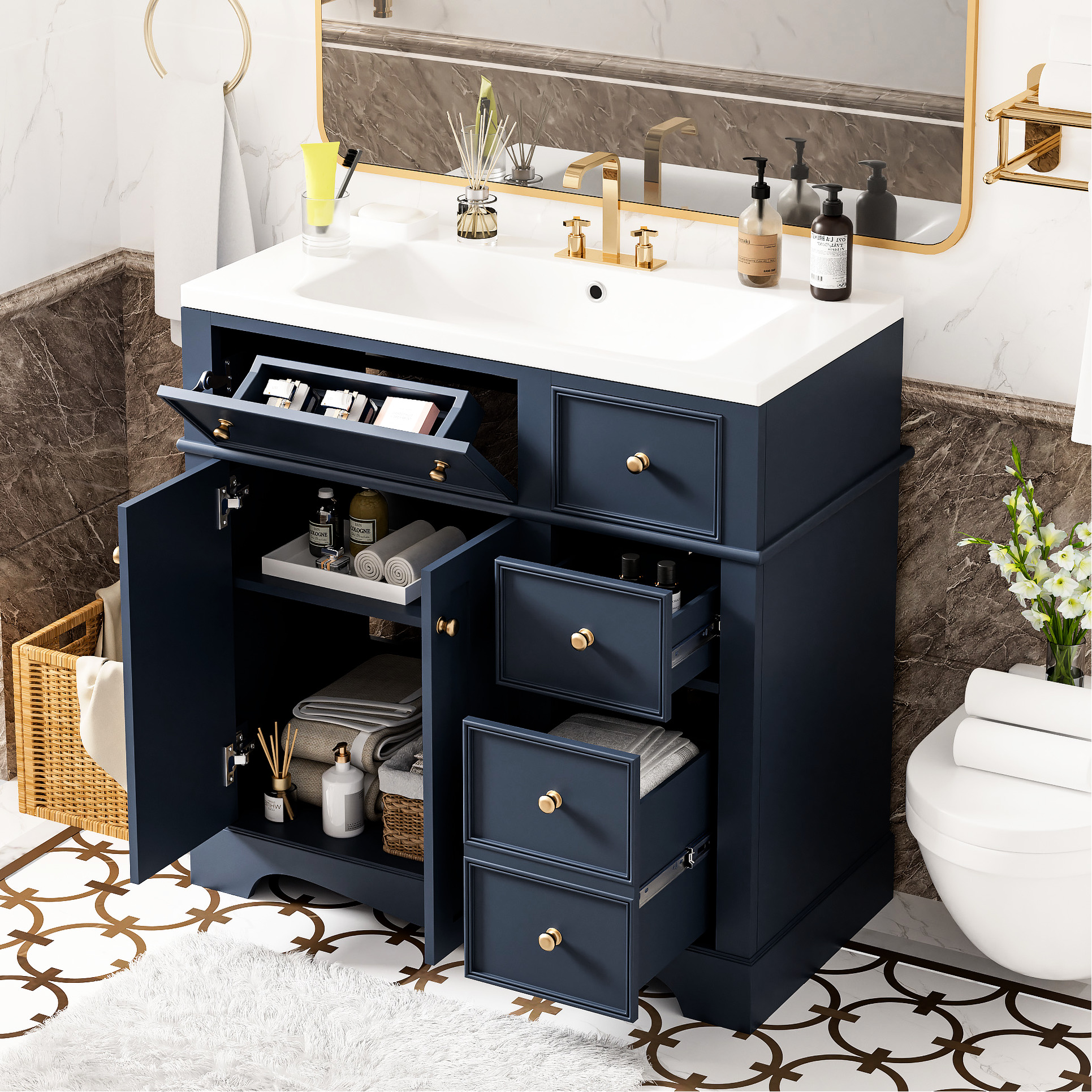 Modern Blue Bathroom Vanity 36" - Resin Sink & Solid Wood Construction ...