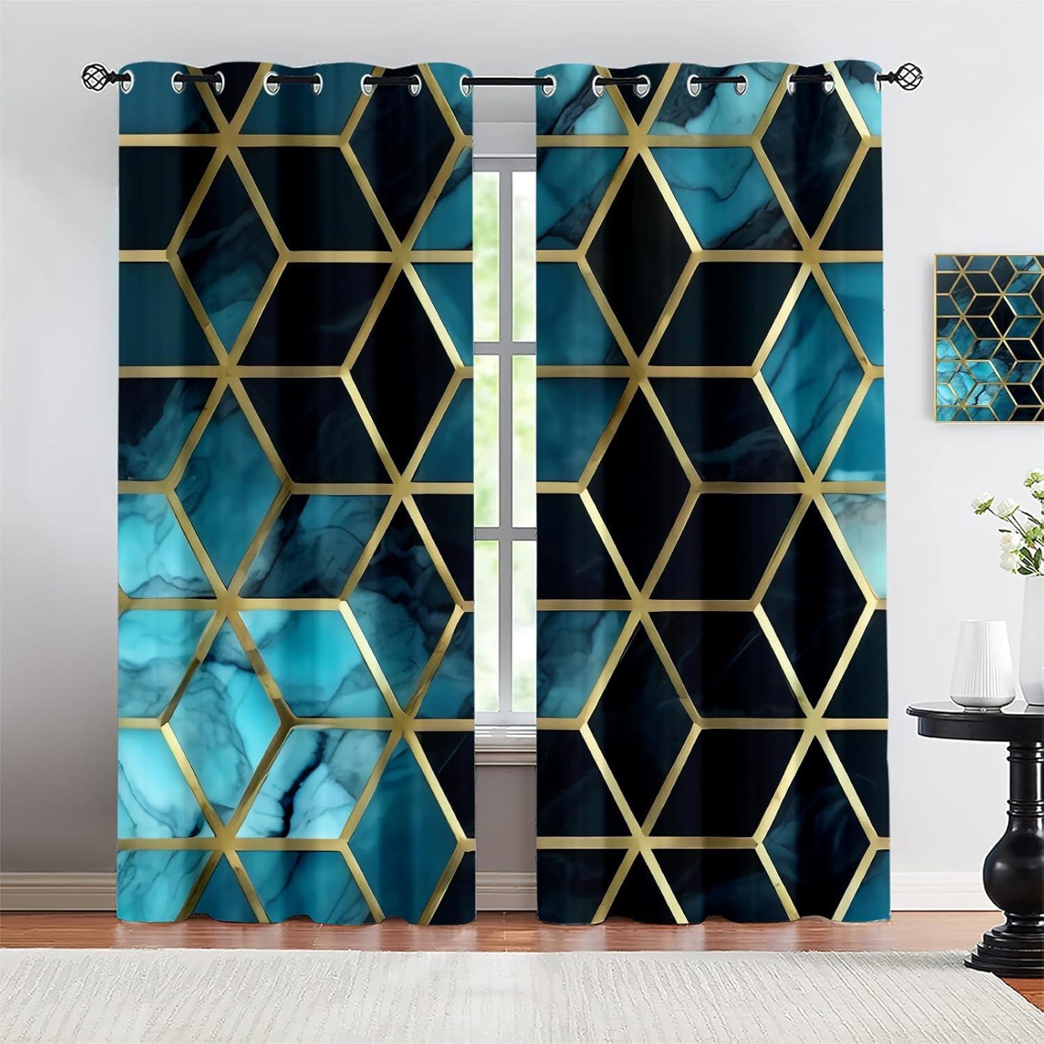 Modern Blue Black Honeycomb Geometry 3D Print Window Curtain Panel ...