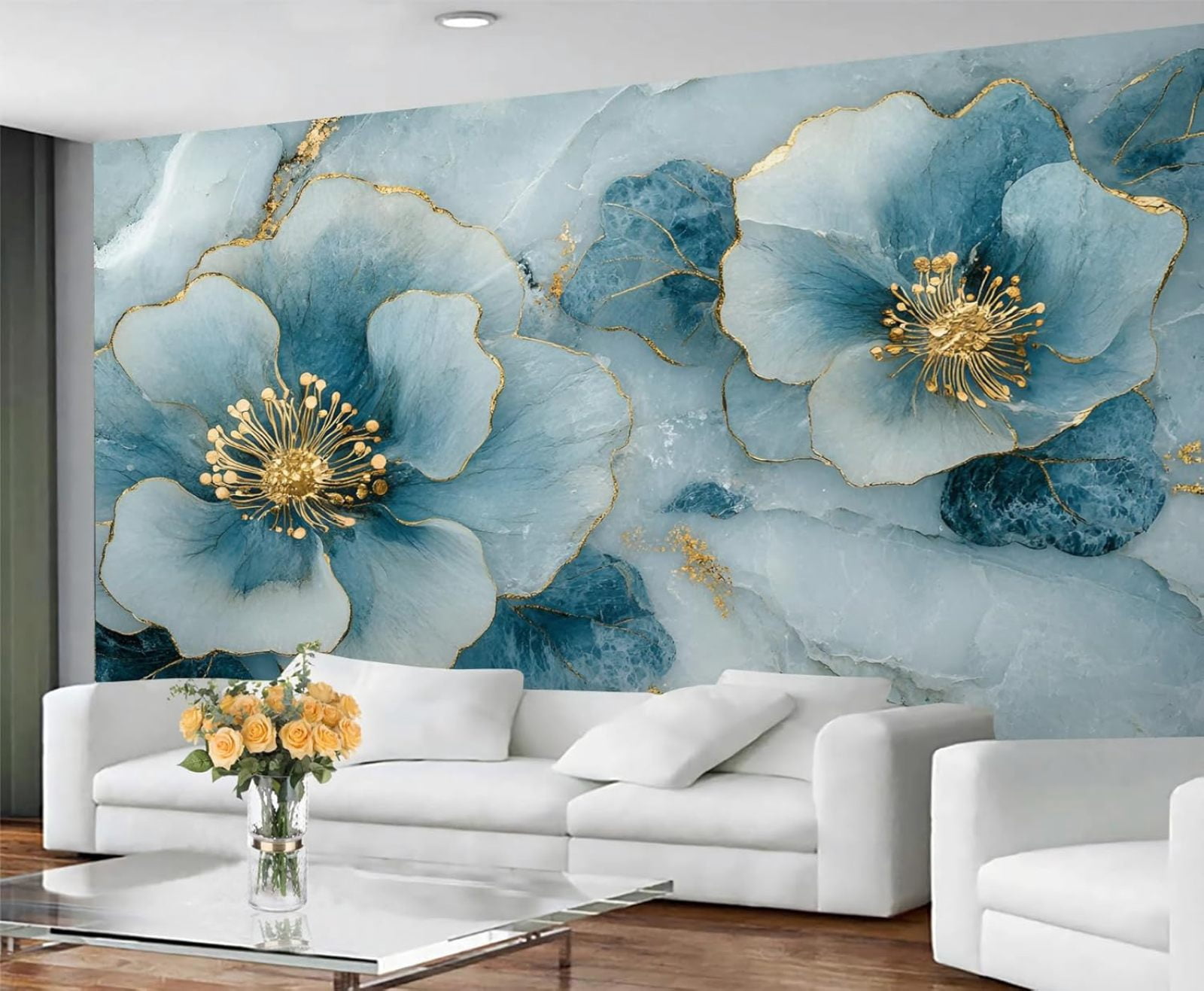 Modern Blue Flowers Custom Wallpaper Abstract Marble Wall Murals Living ...
