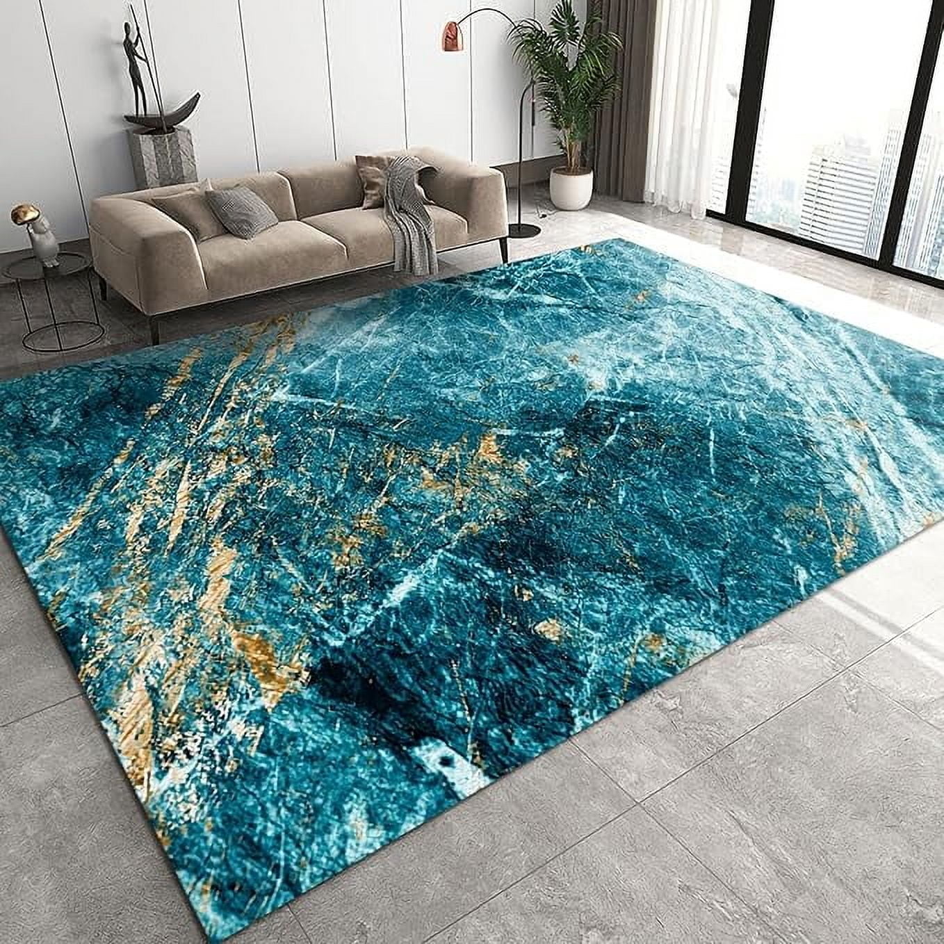Modern Blue Gold Crackle Marble Area Rug, Luxury Irregular Crackle Kids ...