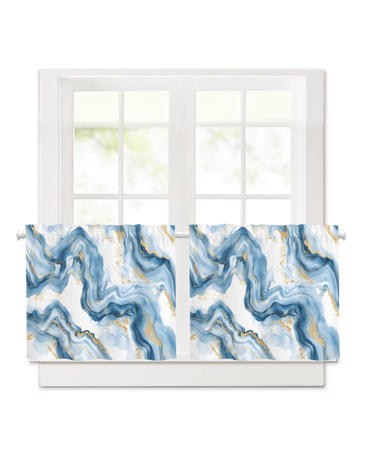 Modern Blue Gold Marble Stone Short Blackout Curtains 30 Inch Long ...