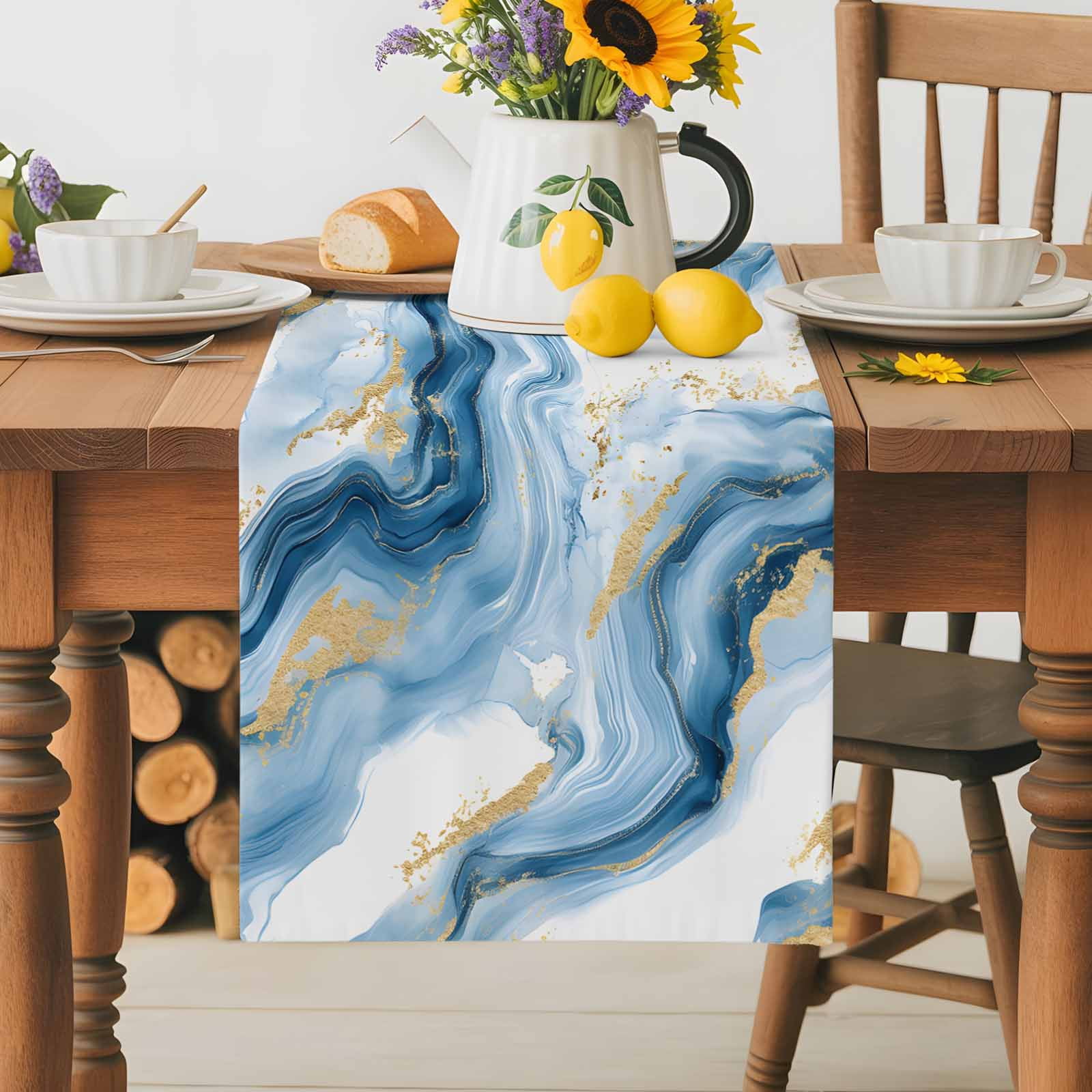 Modern Blue Gold Marble Stone Table Runners 13x36 Inches Long Linen ...