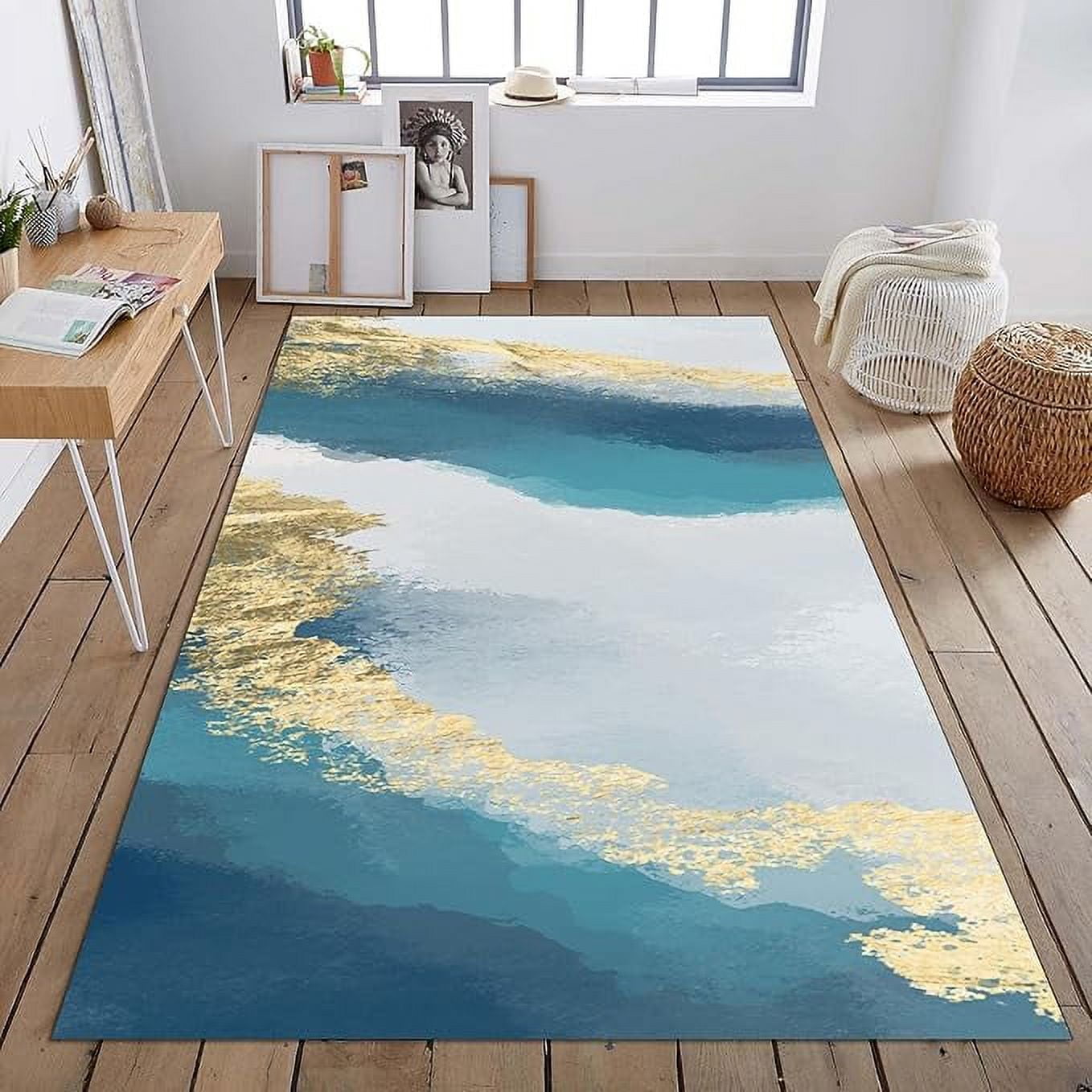 Modern Blue Gold Oil Painting Texture Area Rug For Living Room, Blue ...