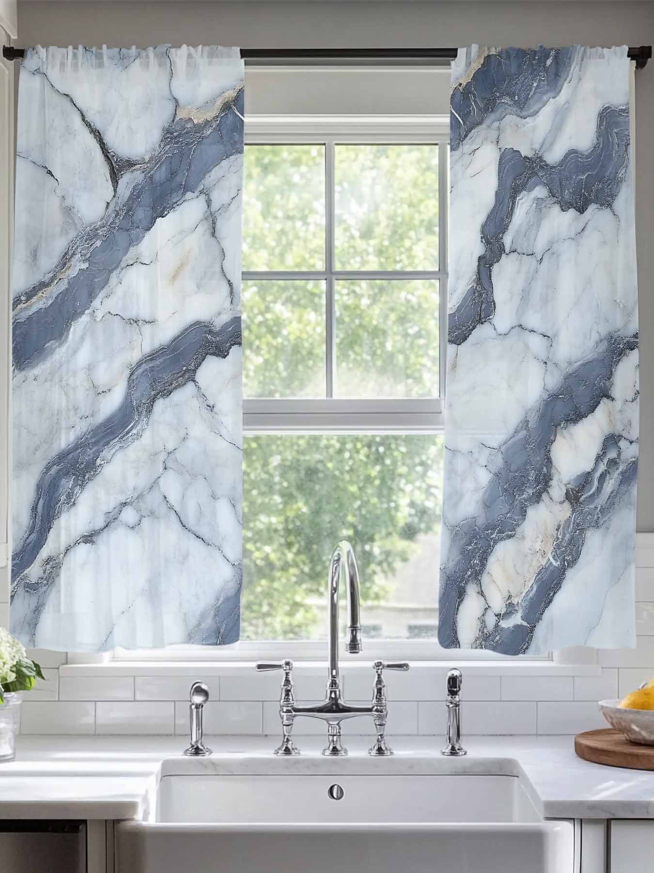 Modern Blue Gray Marble Texture Chiffon Sheer Curtains 72 Inches Long ...