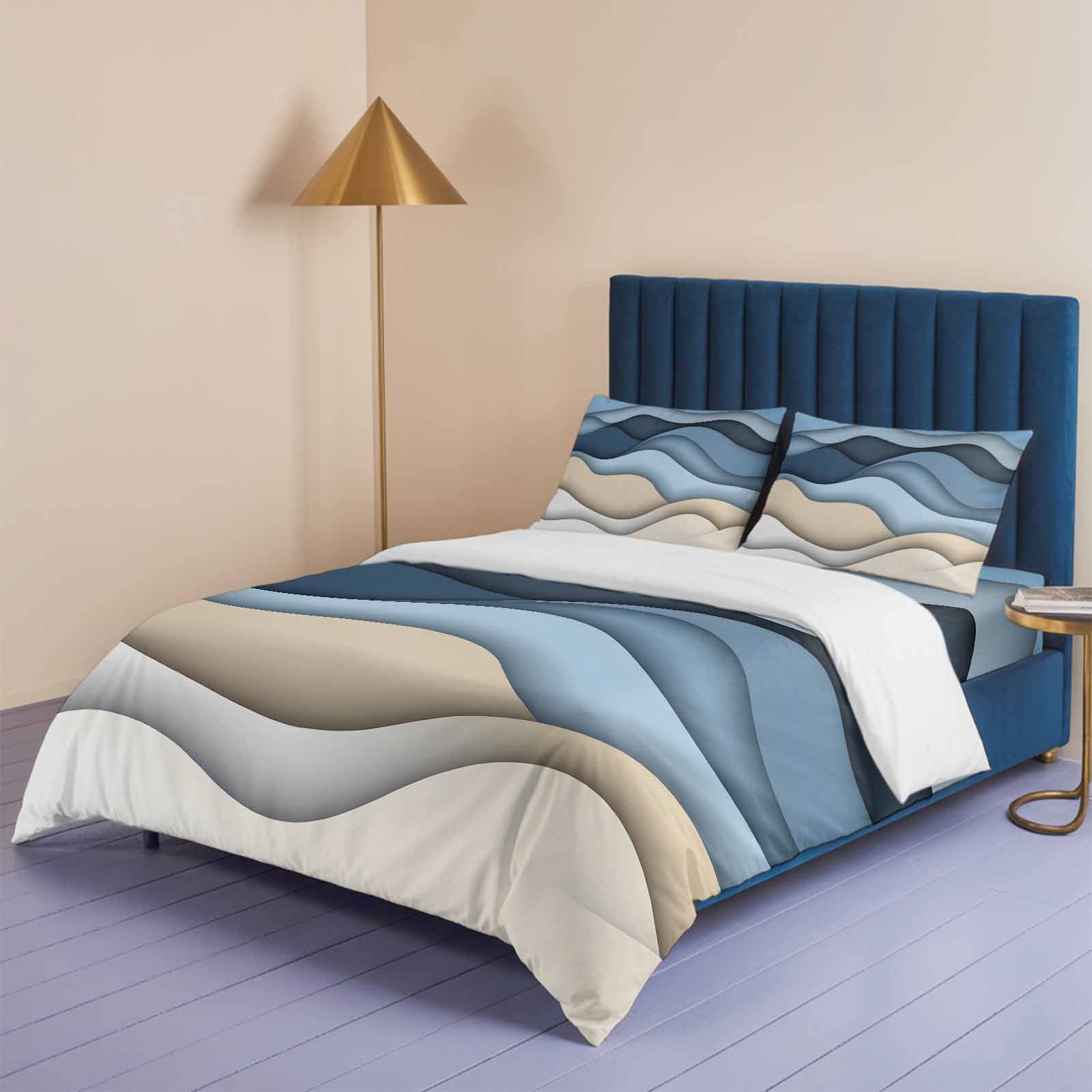 Modern Blue Khaki Stripe Ombre Queen Size Bed Set,Abstract Water Ripple ...