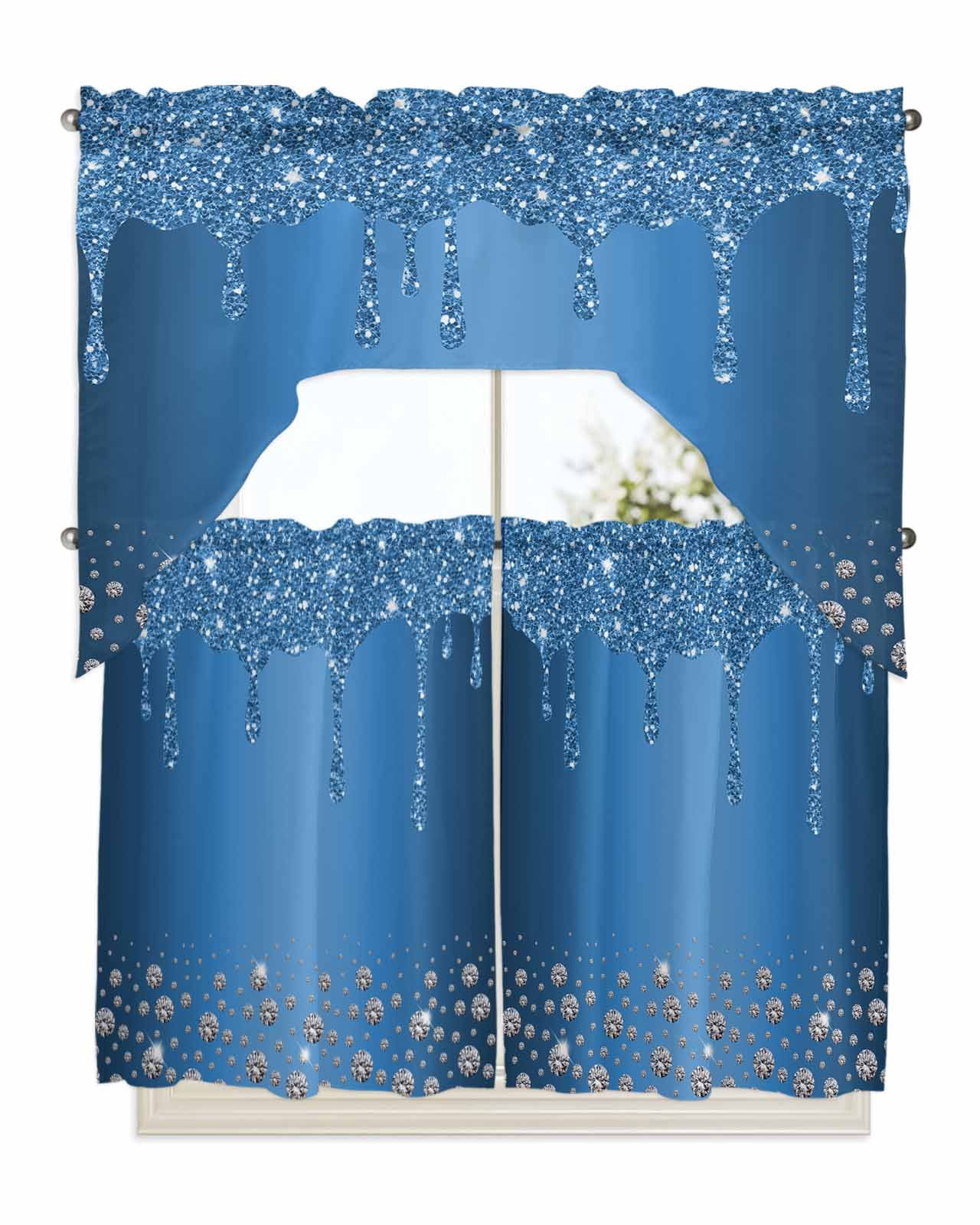 Modern Blue Kitchen Curtains Swag Valance and Tier Curtains Set 36 Inch ...