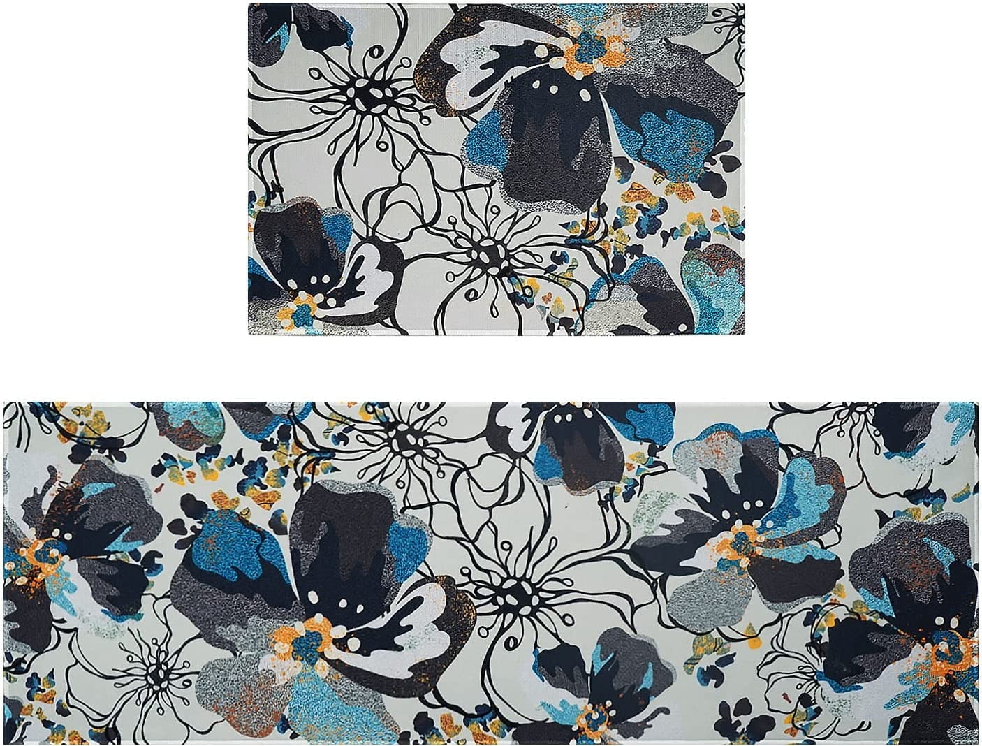 Modern Blue Large Flower Kitchen Rugs and Mats 2 Pieces,Blue Boho ...