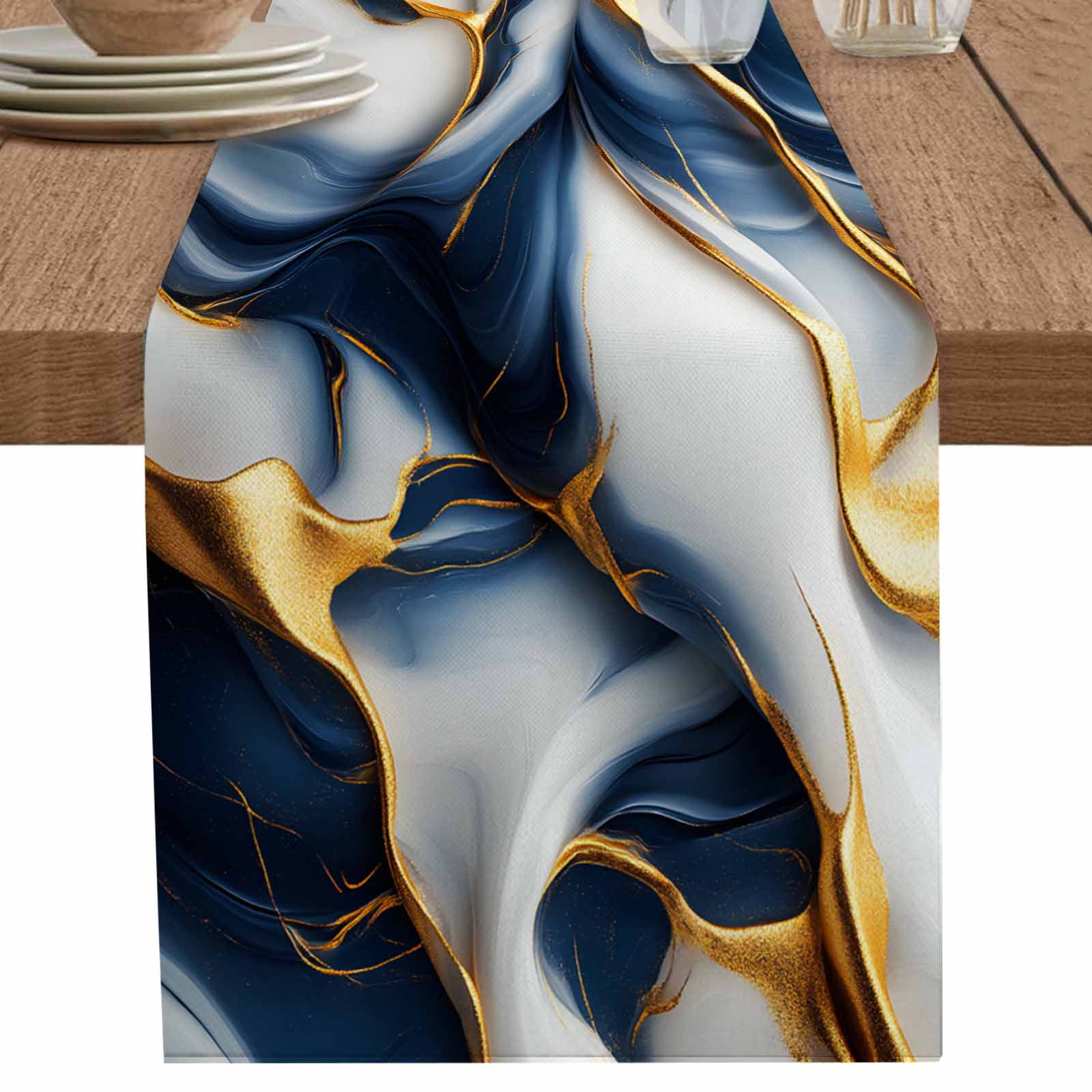 Modern Blue Marble Fluid Art Table Runner-36 Inch Long Abstract Gold ...