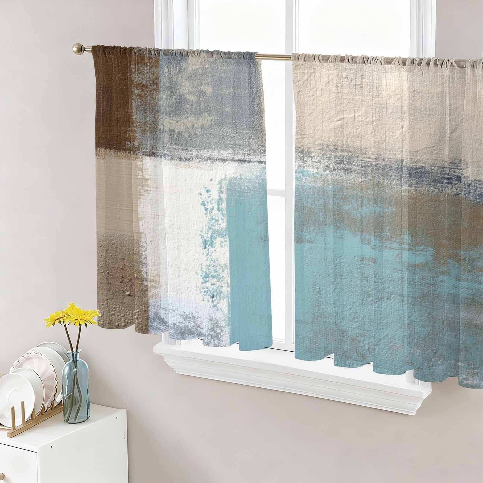 Modern Blue Semi Sheer Curtains 45 Inch Length 2 Panels Set, Rustic ...