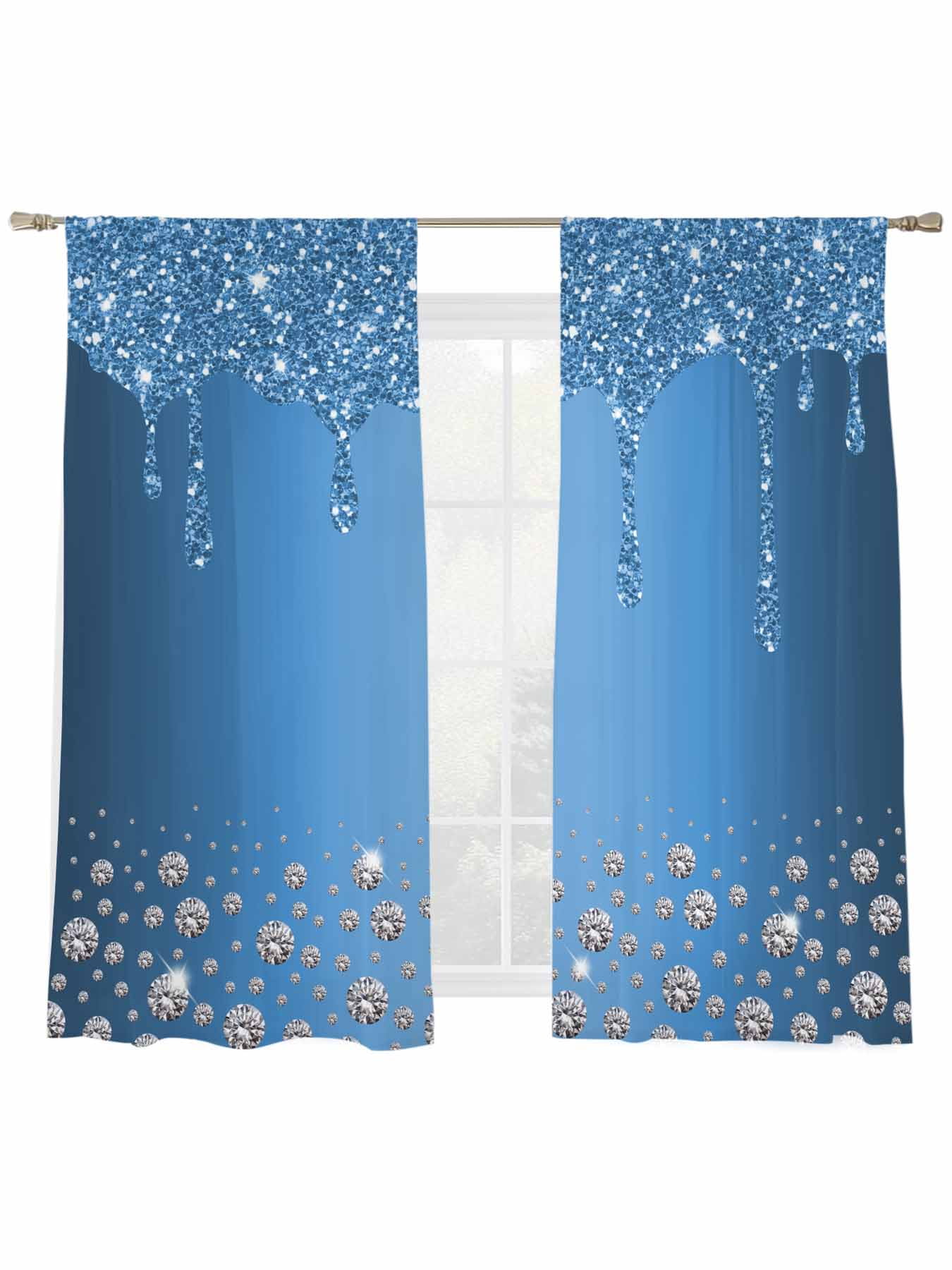 Modern Blue Sheer Curtains 63 Inch Length 2 Panels Set, Semi Transparent Voile Rod Pocket ...