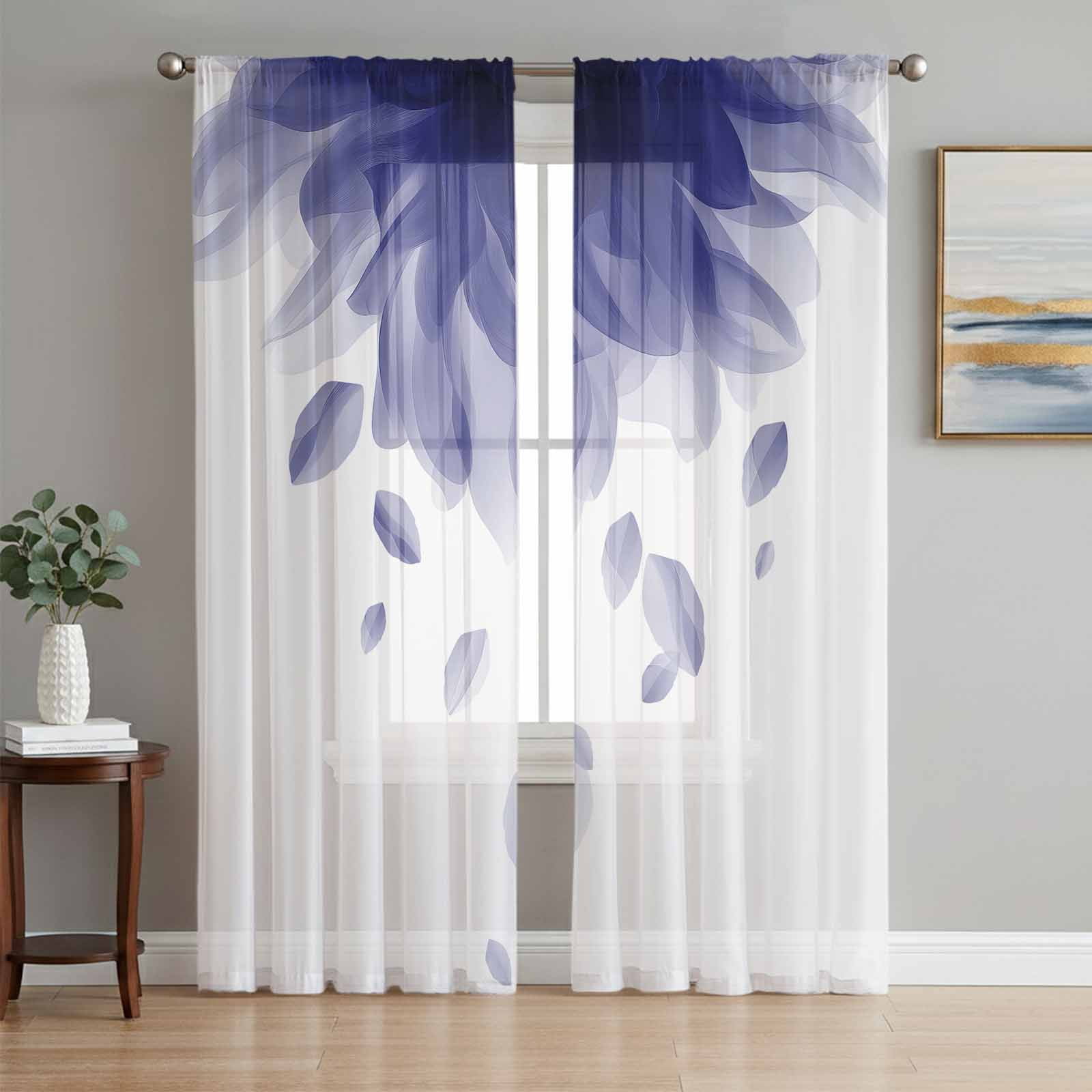 Modern Blue Sheer Curtains 72 Inch Length 2 Panels Set, Gradient Floral ...
