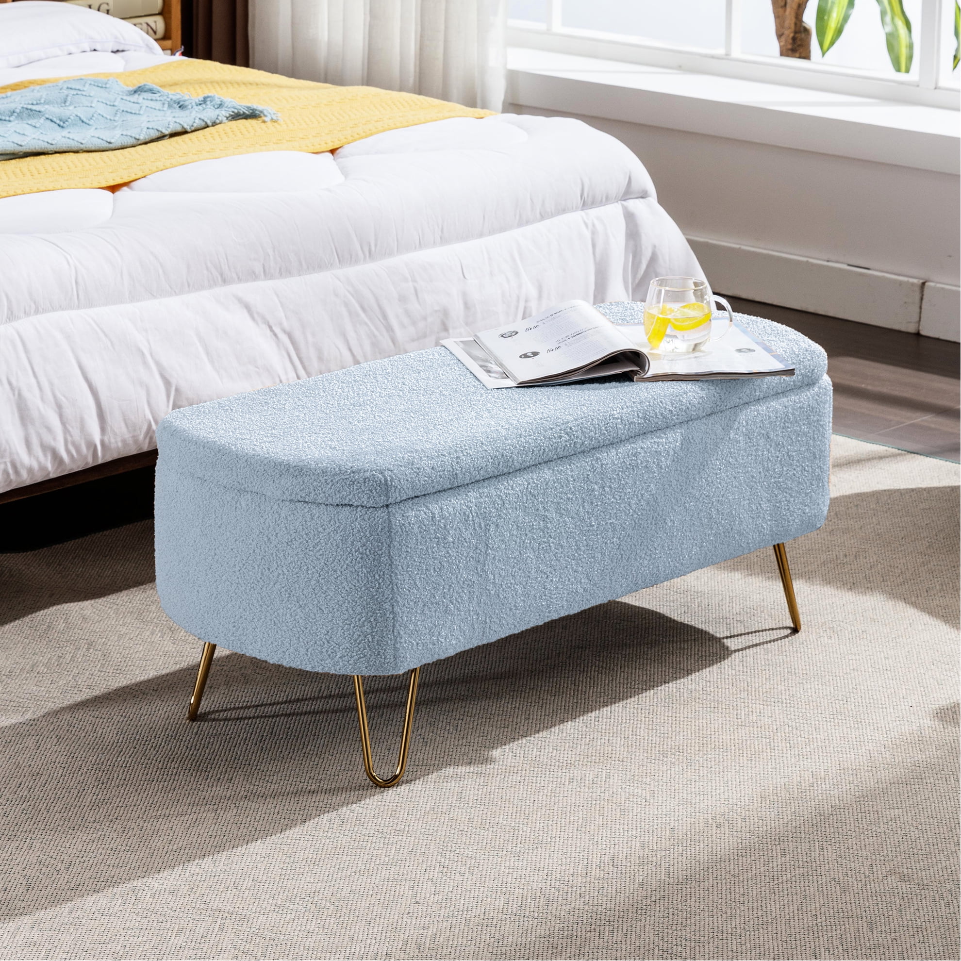 Modern Blue Storage Bench With Gold Legs - Grey Faux Fur For A Chic And ...