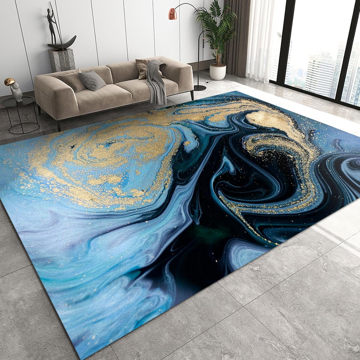 Modern Blue Swirl Marble Area Rugs, Bohemian Luxury Gold Foil Living ...