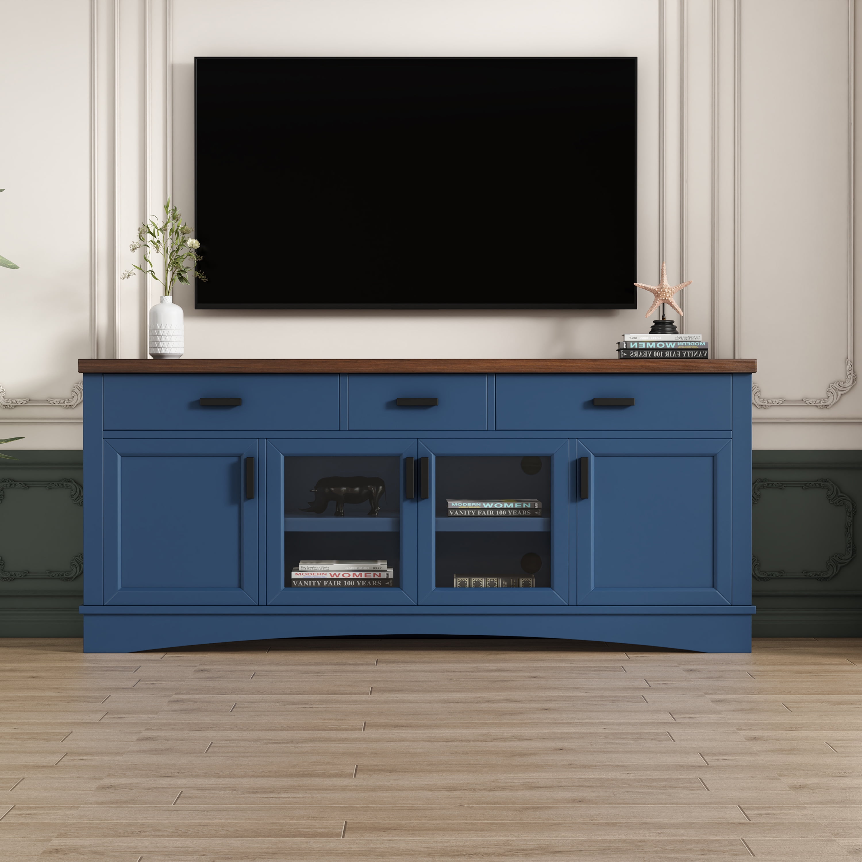 Modern Blue TV Console, 67" Wide TV Stand with Glass Doors, Storage Drawers & Adjustable Shelves ...