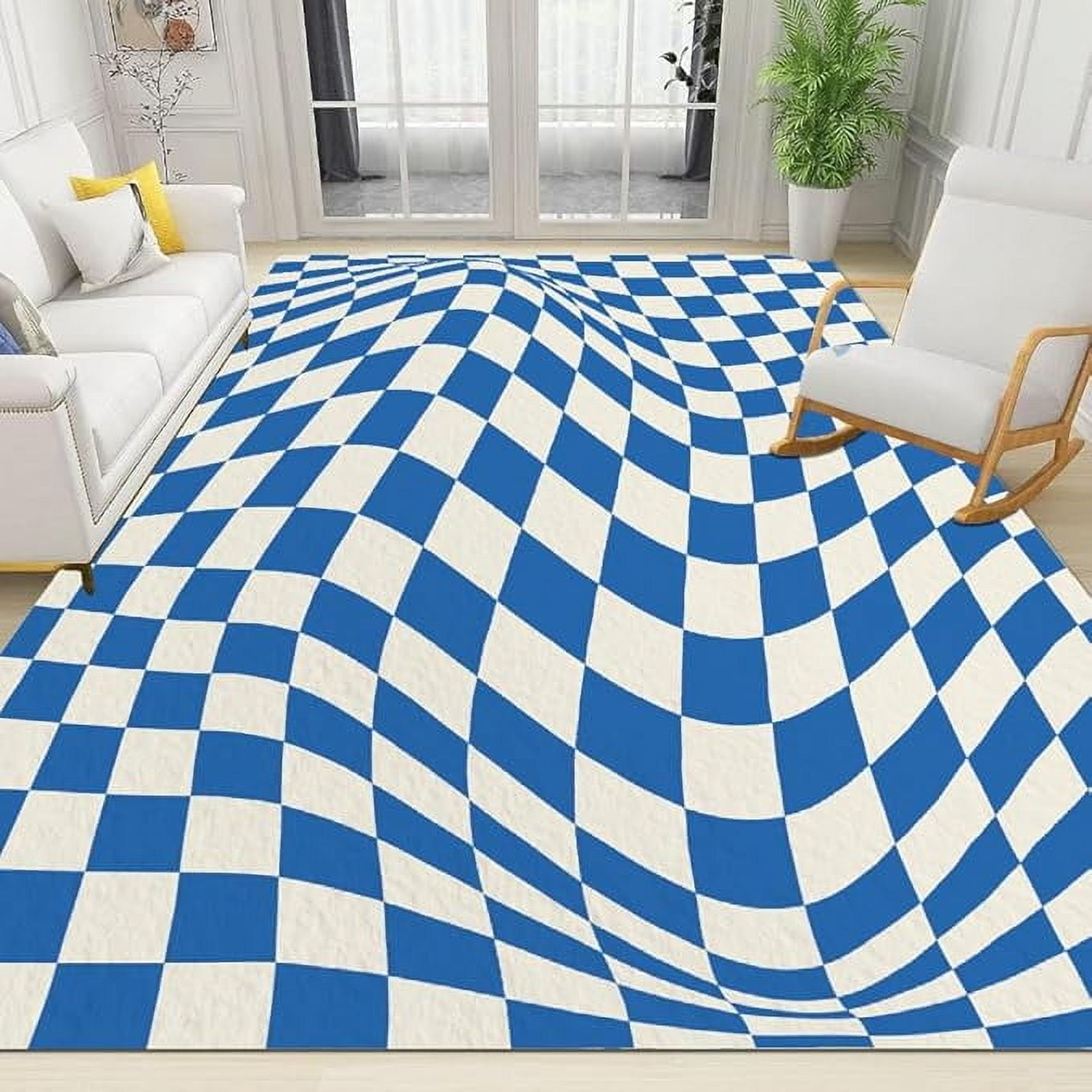 Modern Blue And White Distorted Lattice Area Rugs For Living Room, 3D ...