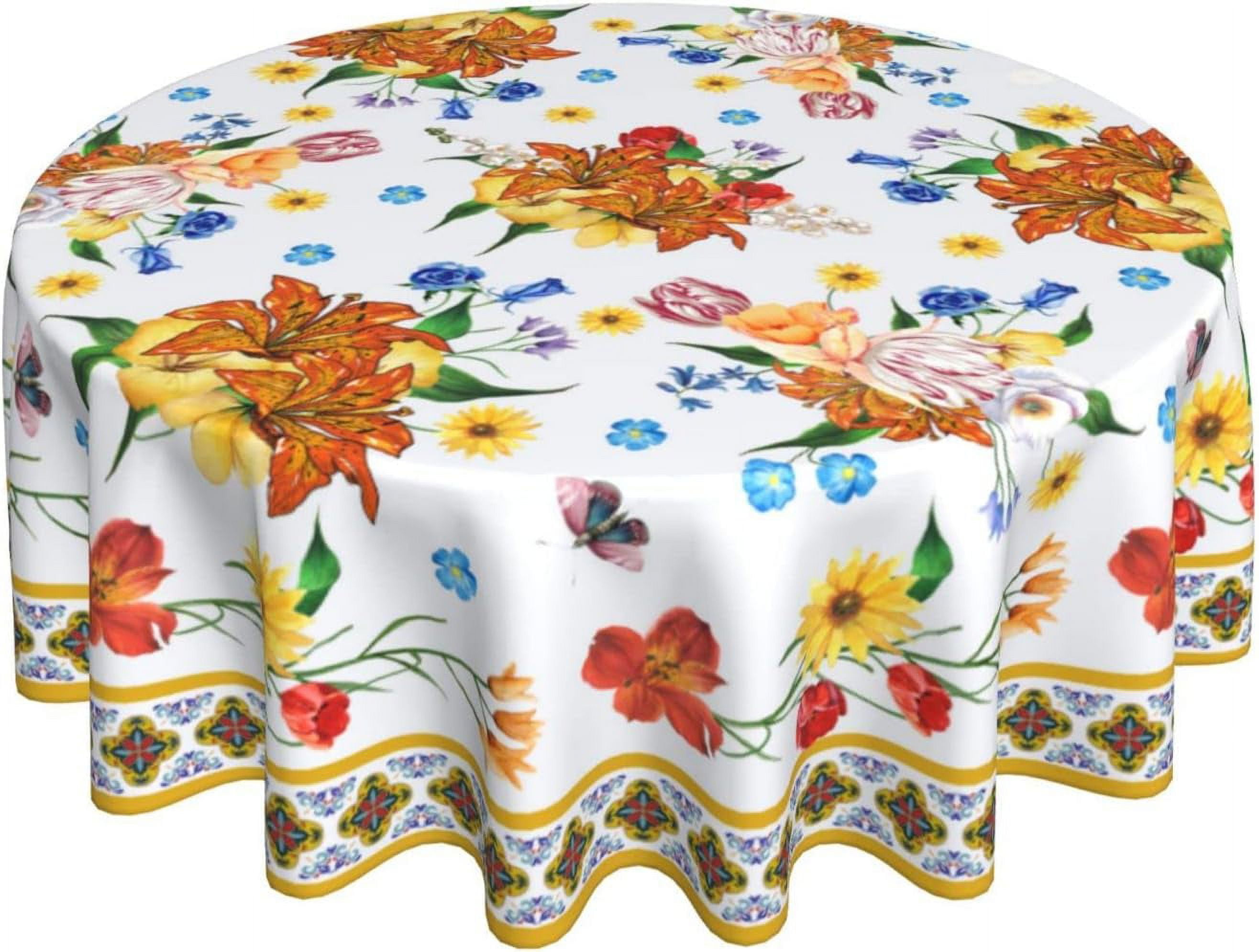 Modern Bohemian Floral Tablecloth Round 60 In Blue Yellow Red Flowers ...