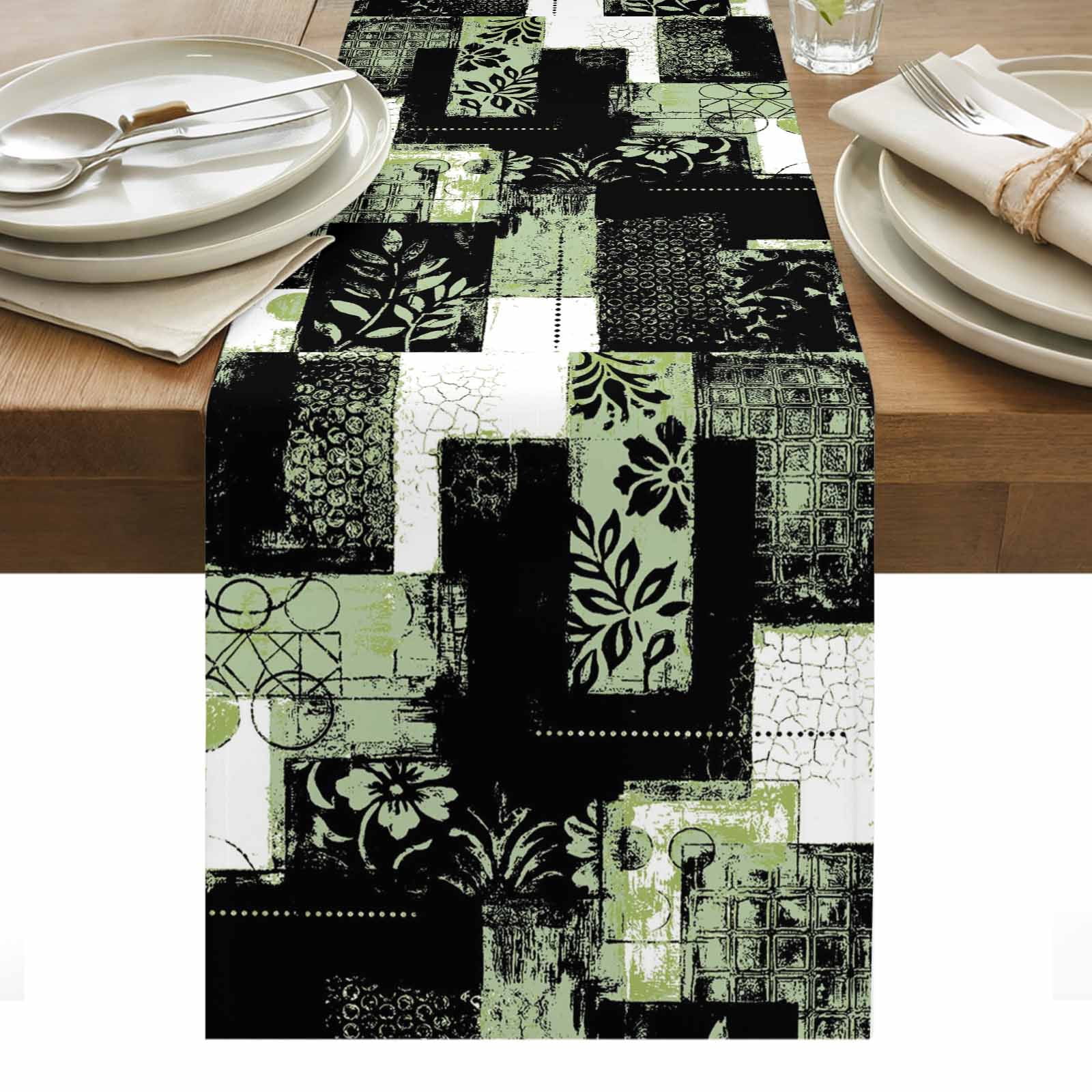 Modern Boho Cotton Linen Table Runner Flowers Geometric Texture Green ...