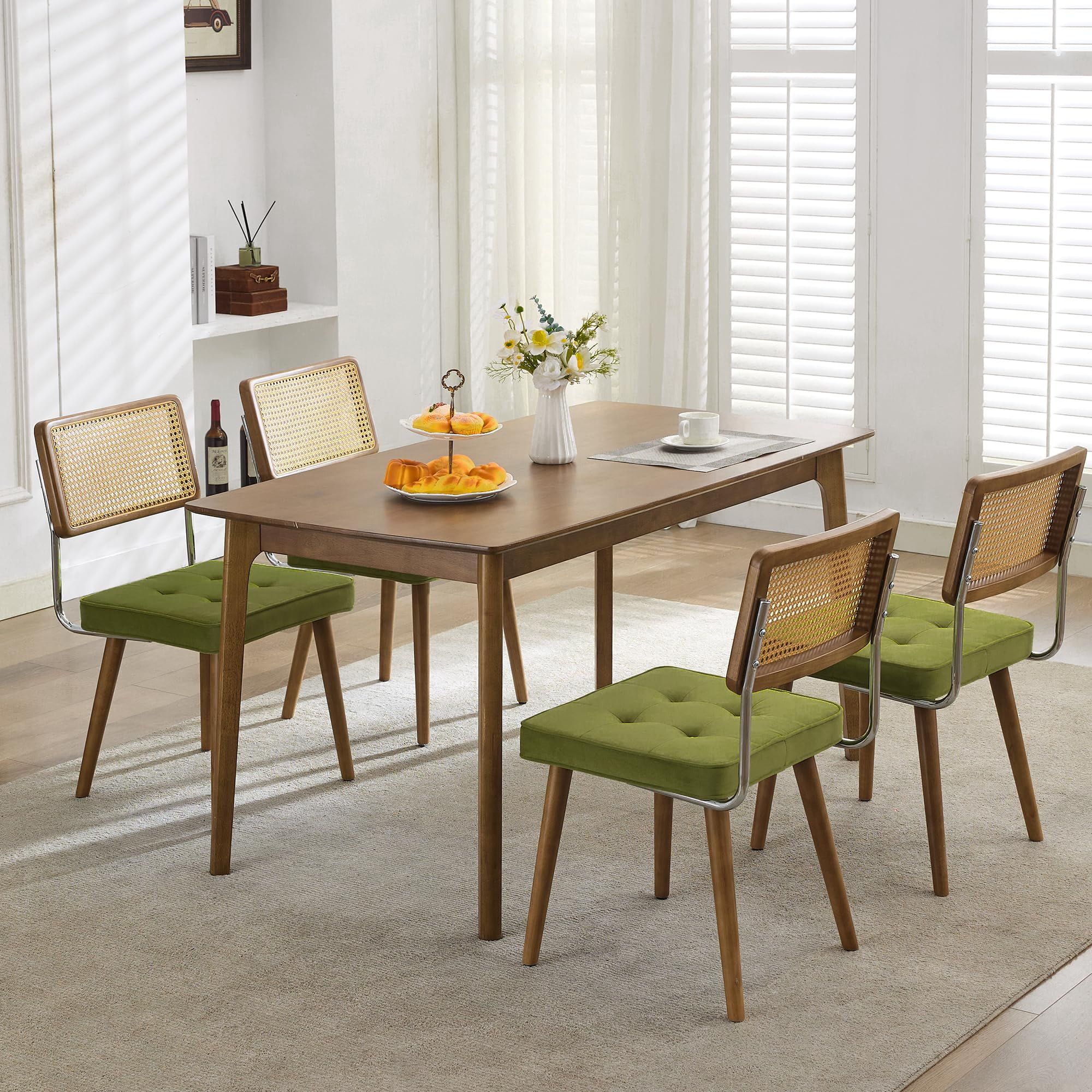 Modern Boho Dining Chairs Set of 6 – Natural Rattan Back, Soft ...