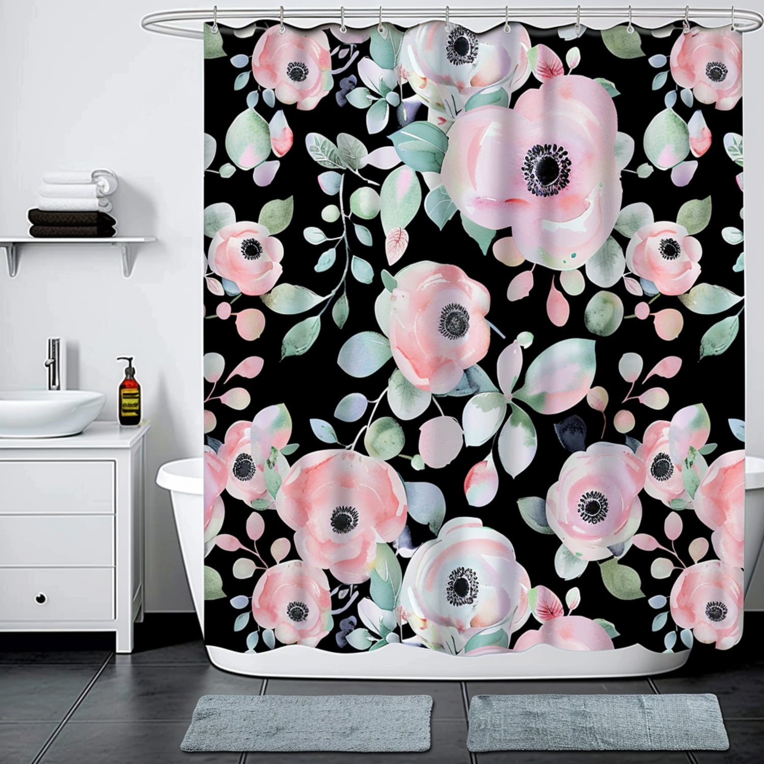 Modern Boho Floral Shower Curtain With Eucalyptus Flowers Anemones And
