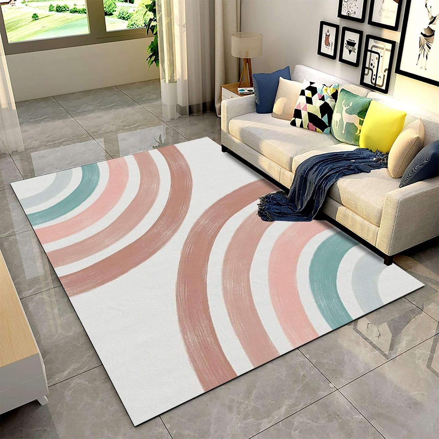 Modern Boho Rainbow Rug, Mid Century Geometric Home Rug, Washable Soft ...