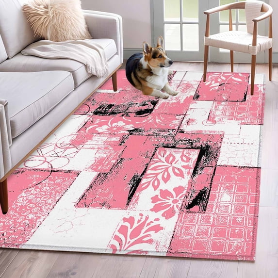 Modern Boho Washable Area Rug 4x6 Flower Geometric Texture Pink White ...