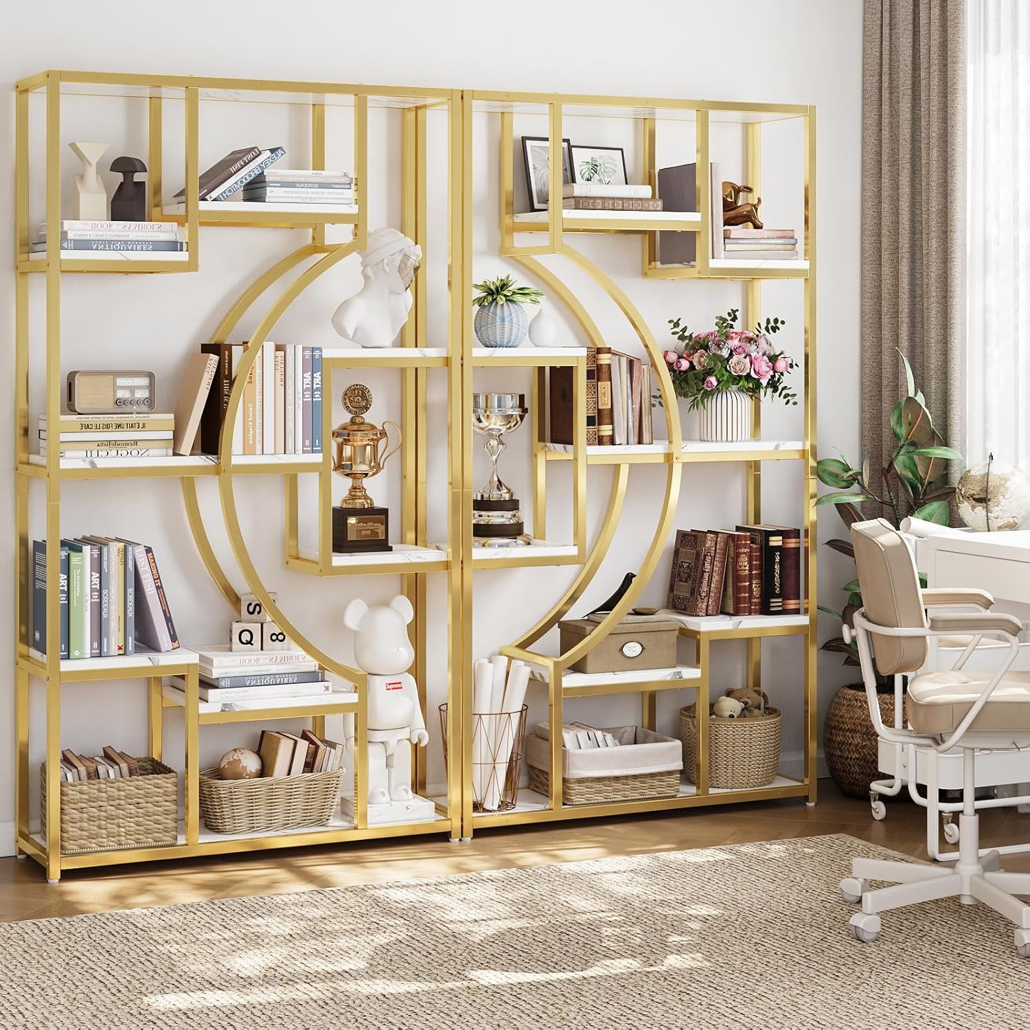 Modern Book Shelf, White and Gold Bookshelf, 70.8 Inch Tall Etagere ...
