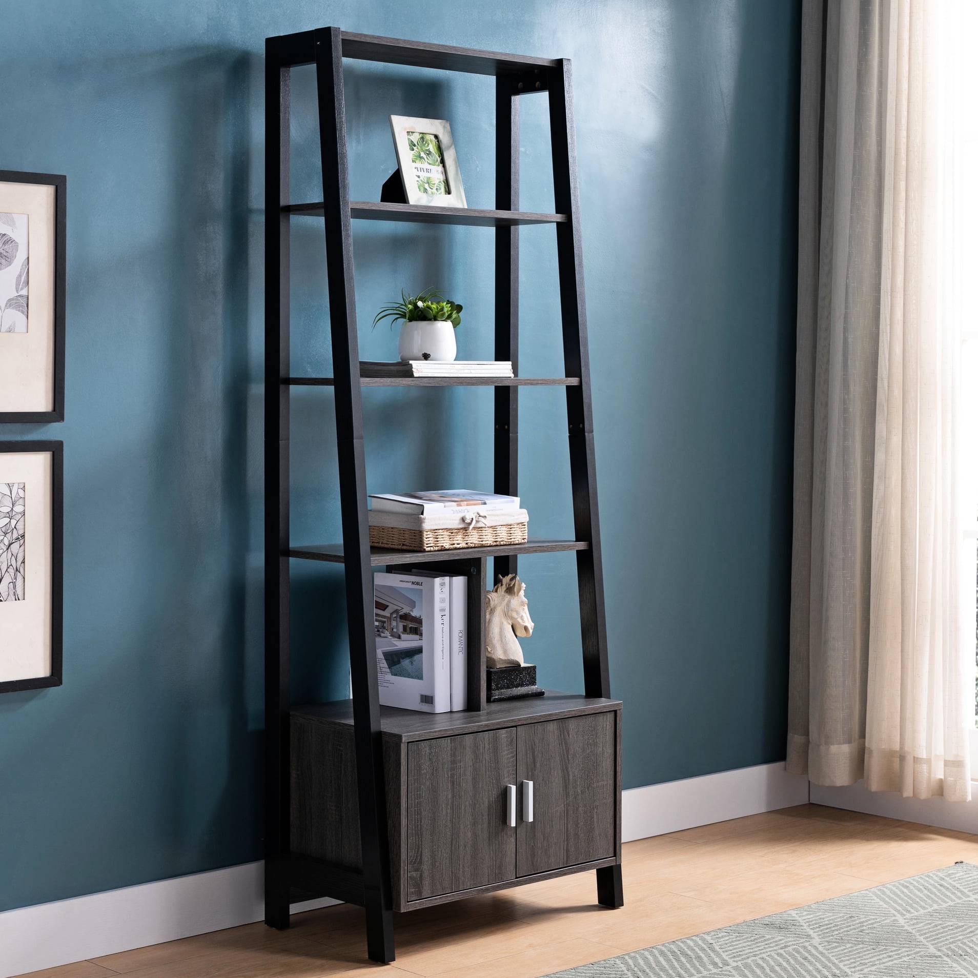 Modern Bookcase With Four Open Shelves And Two Door Rack - Black & Grey ...