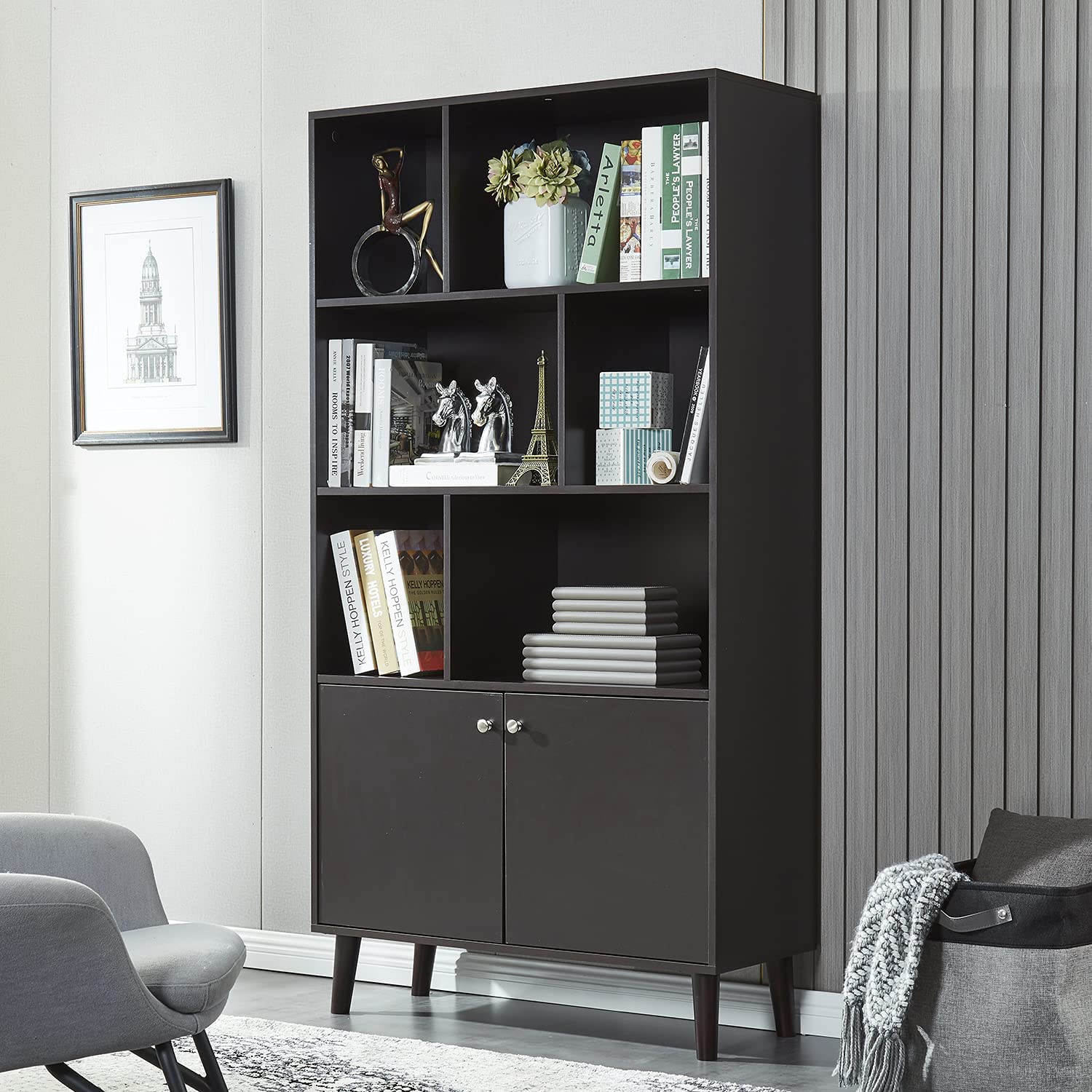 Modern Bookcase with 2 Doors 68" Tall Storage Wooden Bookshelf with 7 ...